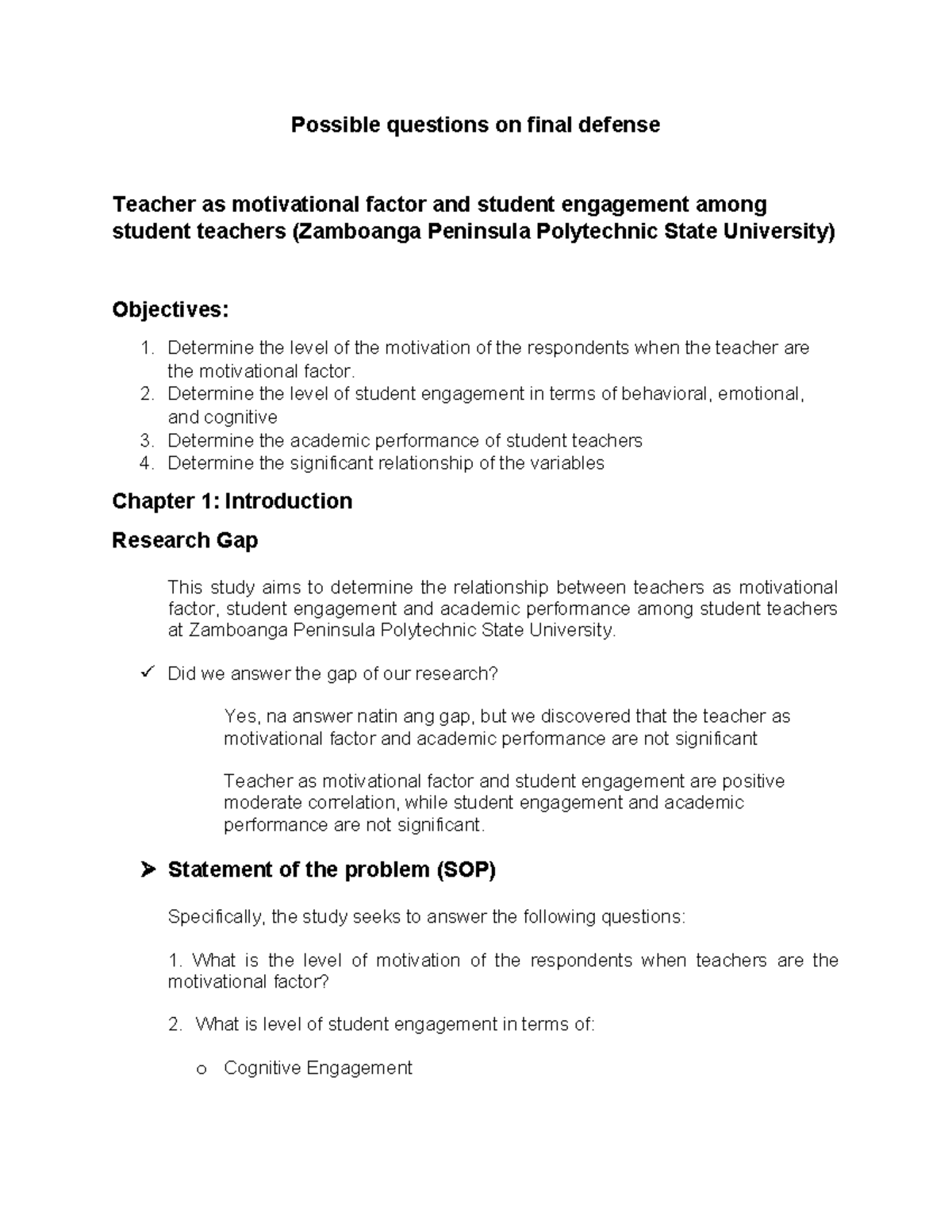 Final Defense Questions: Teacher Motivation & Student Engagement (ZPPSU ...