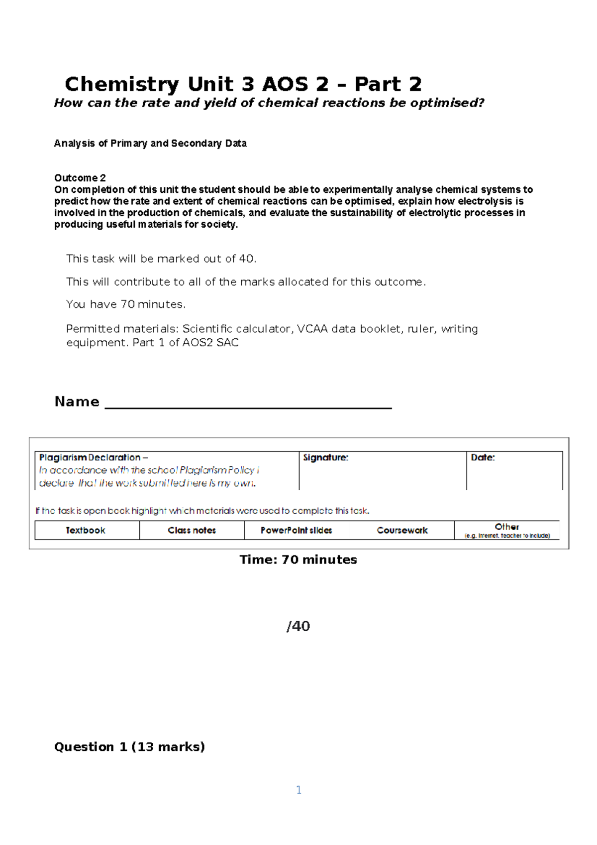 AOS 2 Practice SAC: Optimizing Chemical Reaction Rates & Yields - Studocu