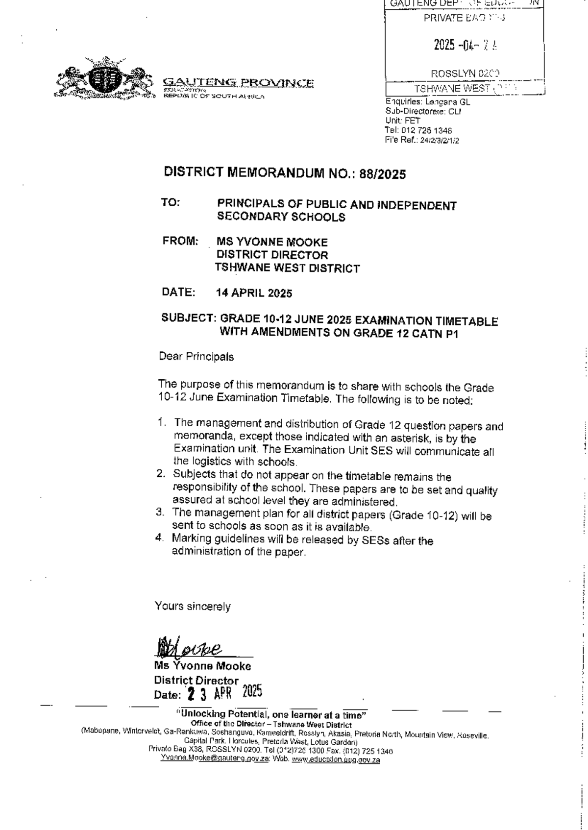 District Memo 88 of 2025: Grade 10-12 June Exam Timetable Amendments ...