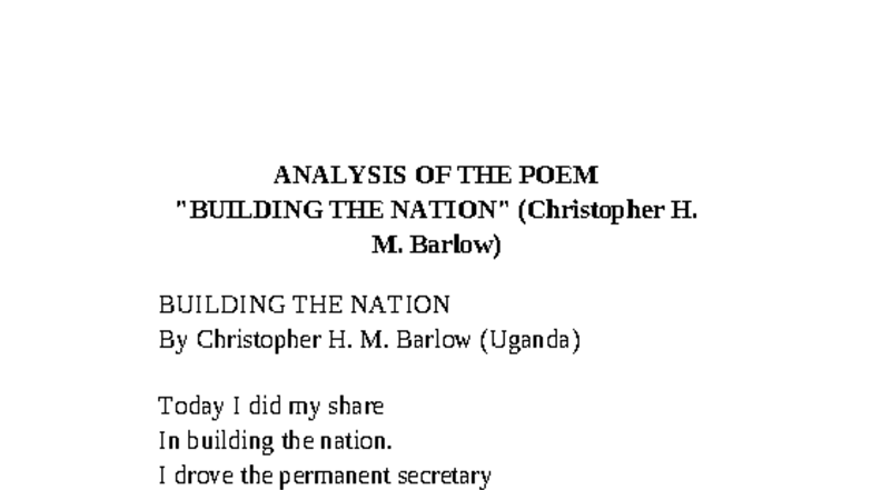 POEM ANALYSIS: "Building the Nation" by Christopher H. M. Barlow - Studocu