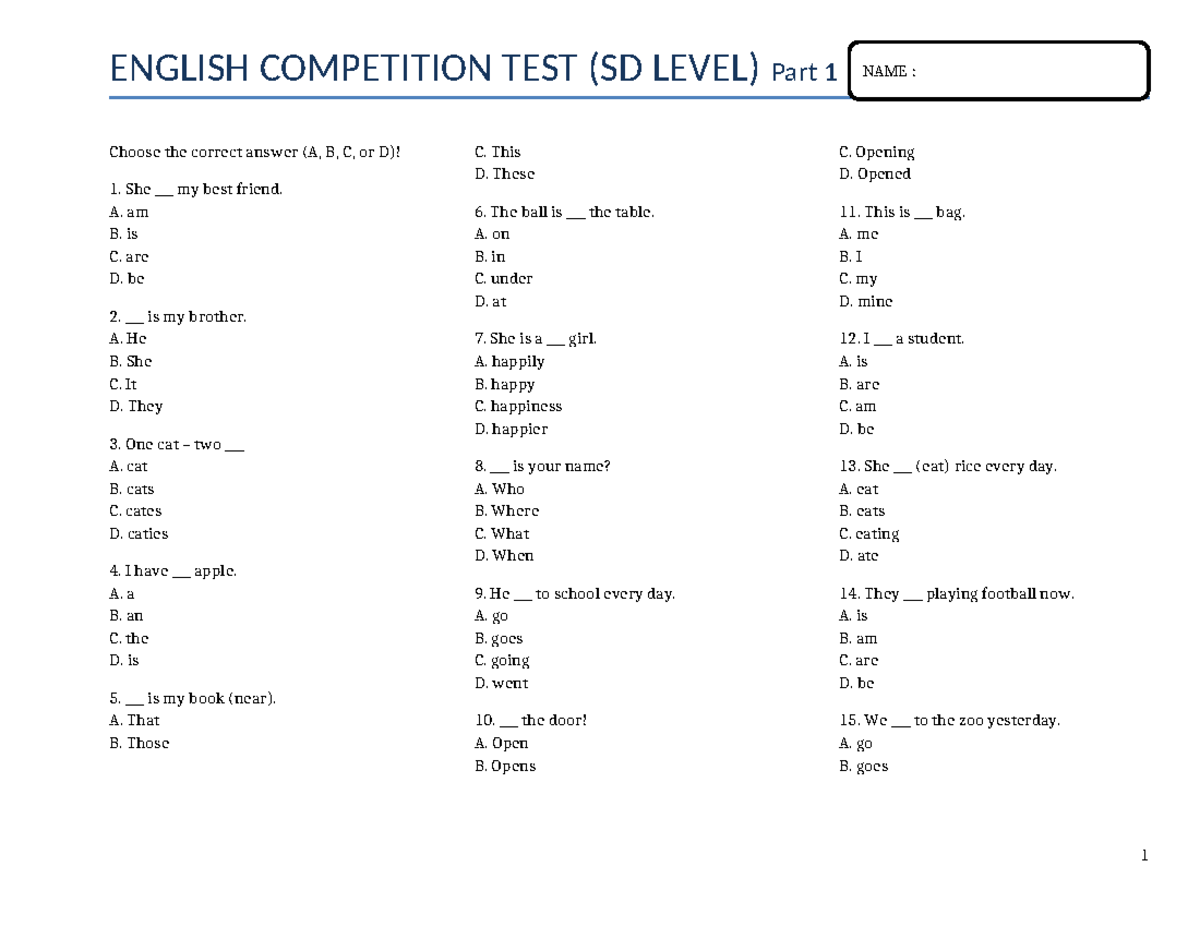 ENGLISH SD COMPETITION TEST (LEVEL) PART 1 QUESTIONS & ANSWERS - Studocu