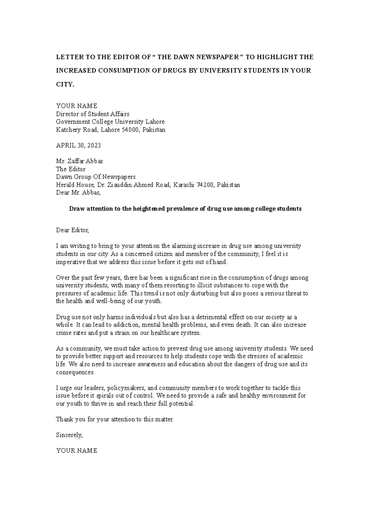Letter TO THE Editor OF Dawn News - LETTER TO THE EDITOR OF “ THE DAWN ...