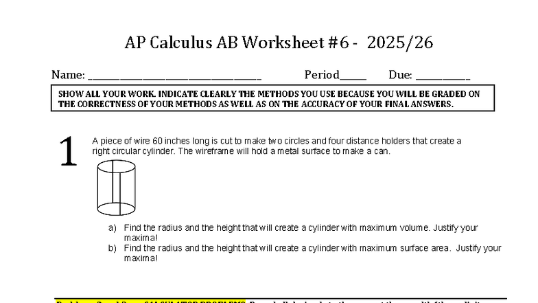 AP Calculus AB Worksheet: Max Volume & Surface Area Problems - Studocu