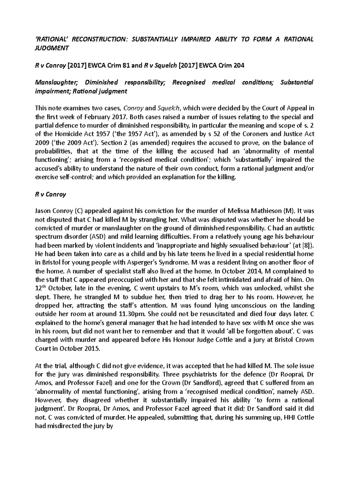 Manslaughter - Diminished Responsibility - ‘RATIONAL’ RECONSTRUCTION ...