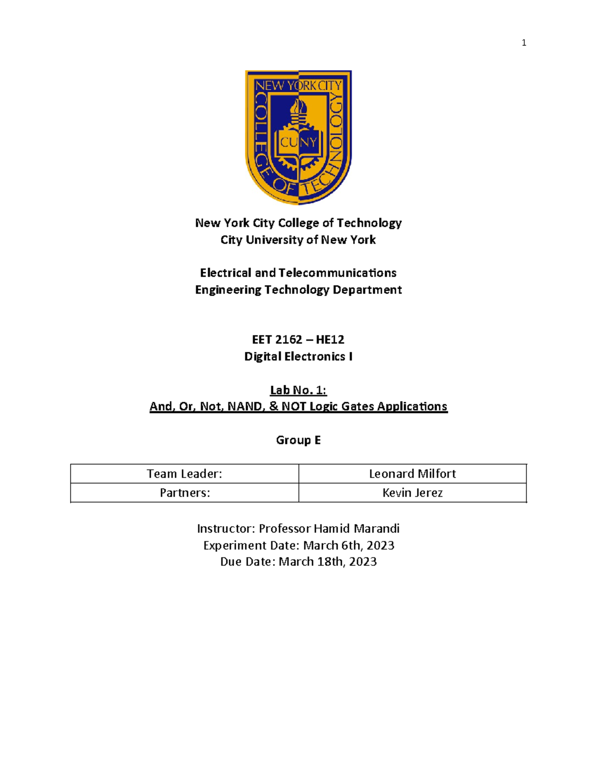 EET 2162 Lab No. 1: Applications of Logic Gates (AND, OR, NOT, NAND ...