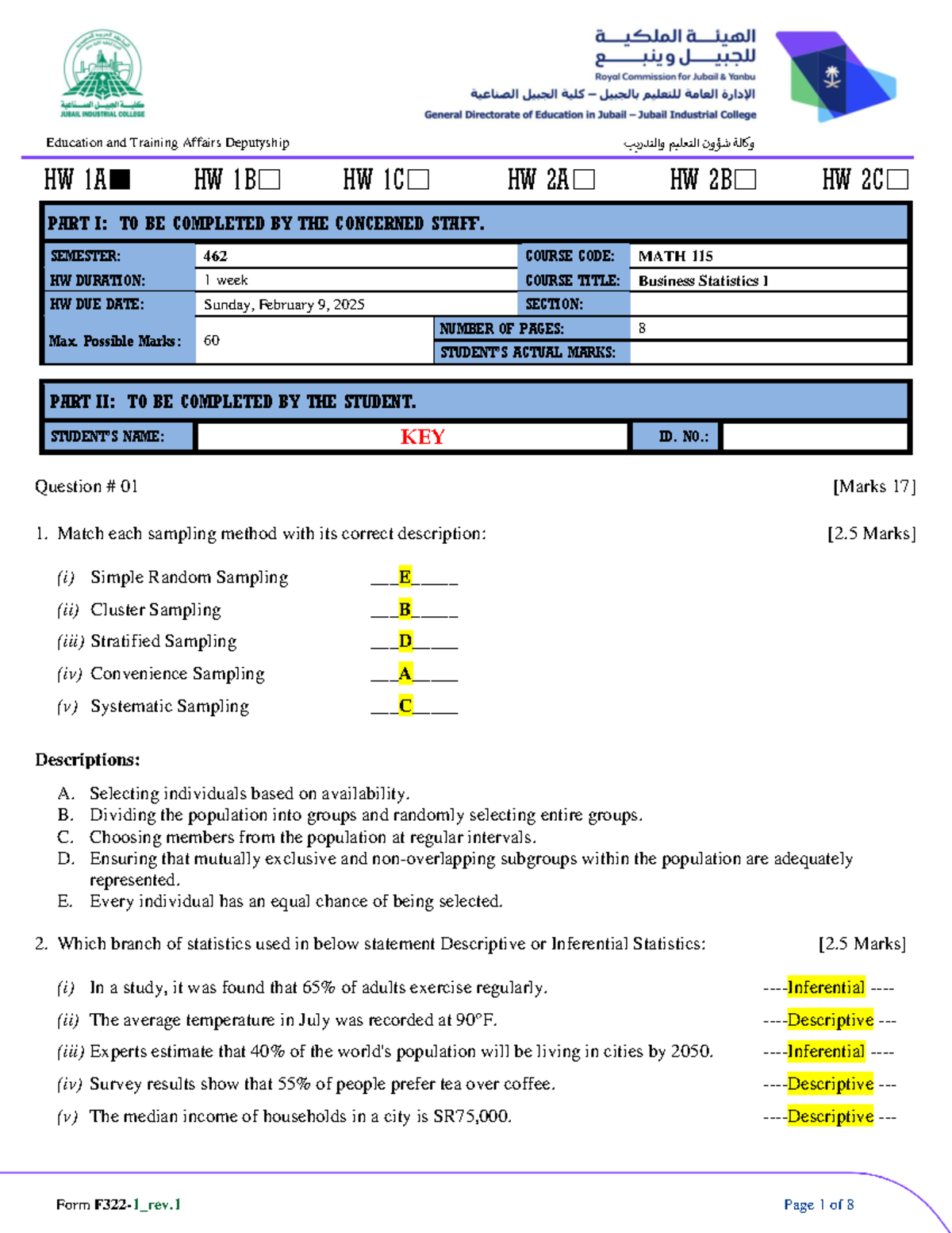 462 MATH 115 HW 1A: Business Statistics I Assignment Guide - Studocu