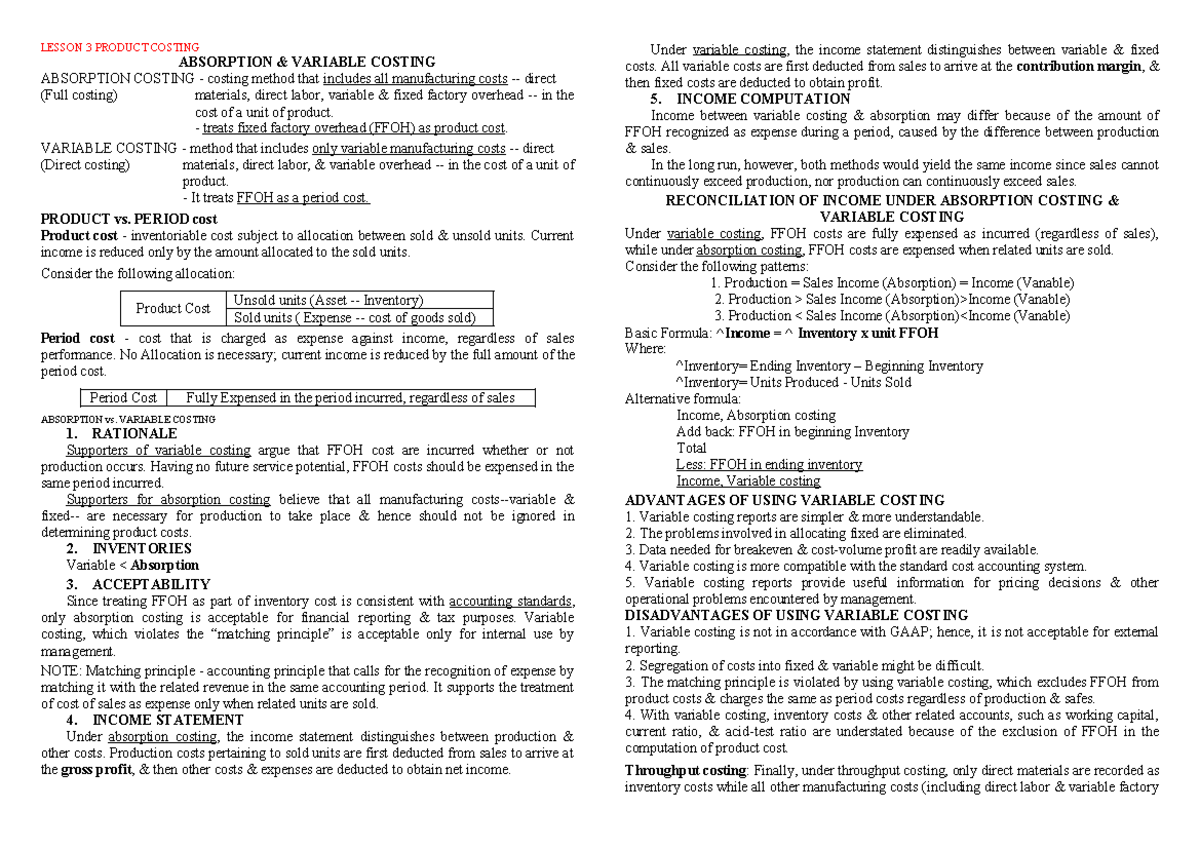 SCM L3 Lesson on Product Costing: Absorption vs. Variable Costing - Studocu