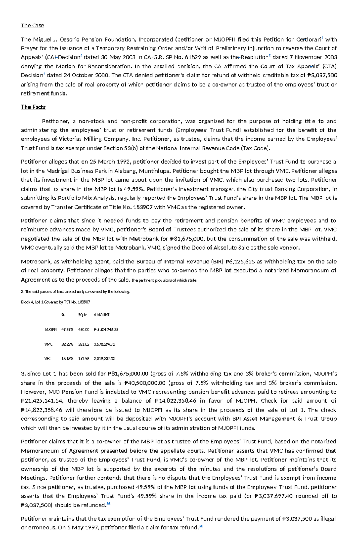 MJOPFI Case Study: Tax Refund Claim for MBP Lot Sale - Studocu