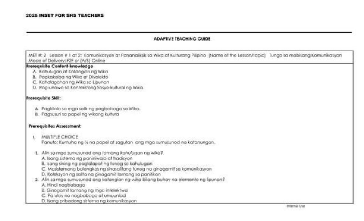 2025 INSET FOR SHS TEACHERS: Adaptive Teaching Guide on Wika at Kultura ...