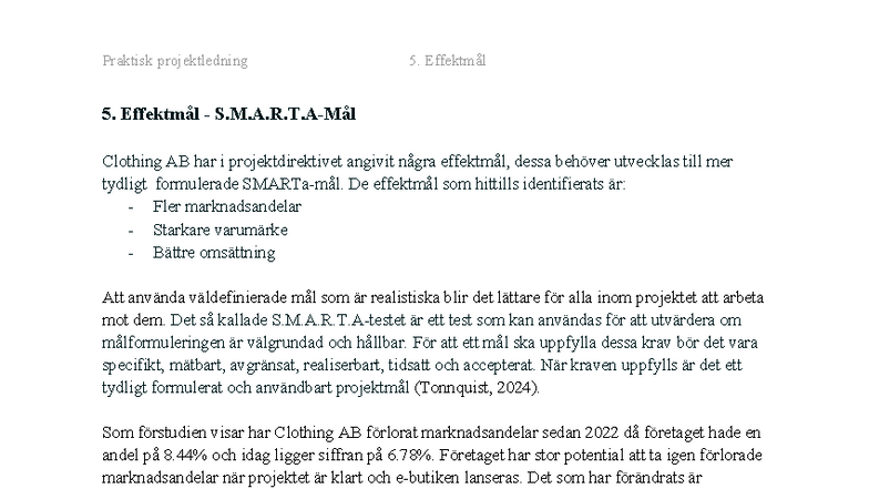 Praktisk Projektledning 5: Effektmål för Clothing AB - Studocu