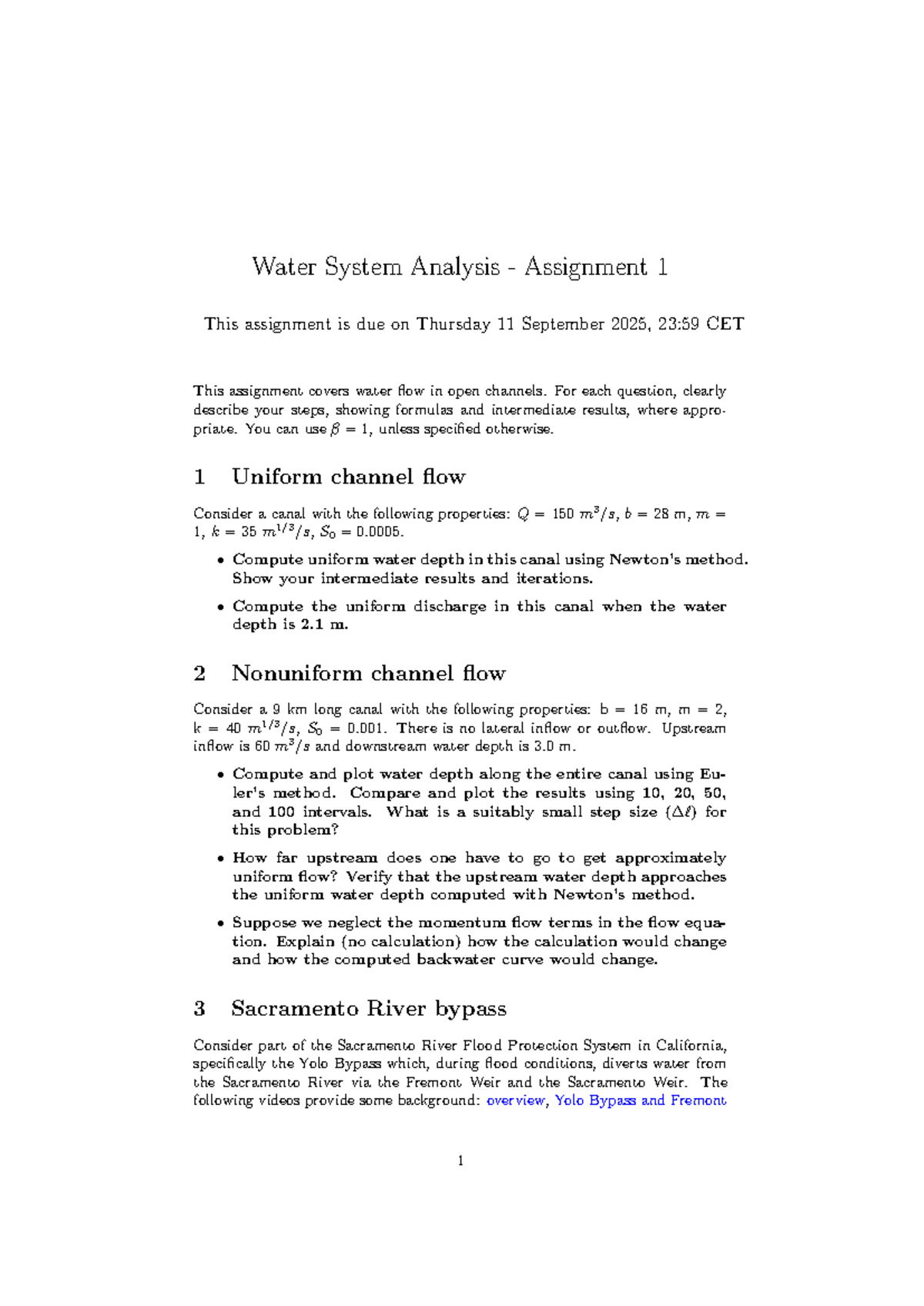 CTB3360 Water System Analysis Assignment 1: Open Channel Flow - Studeersnel