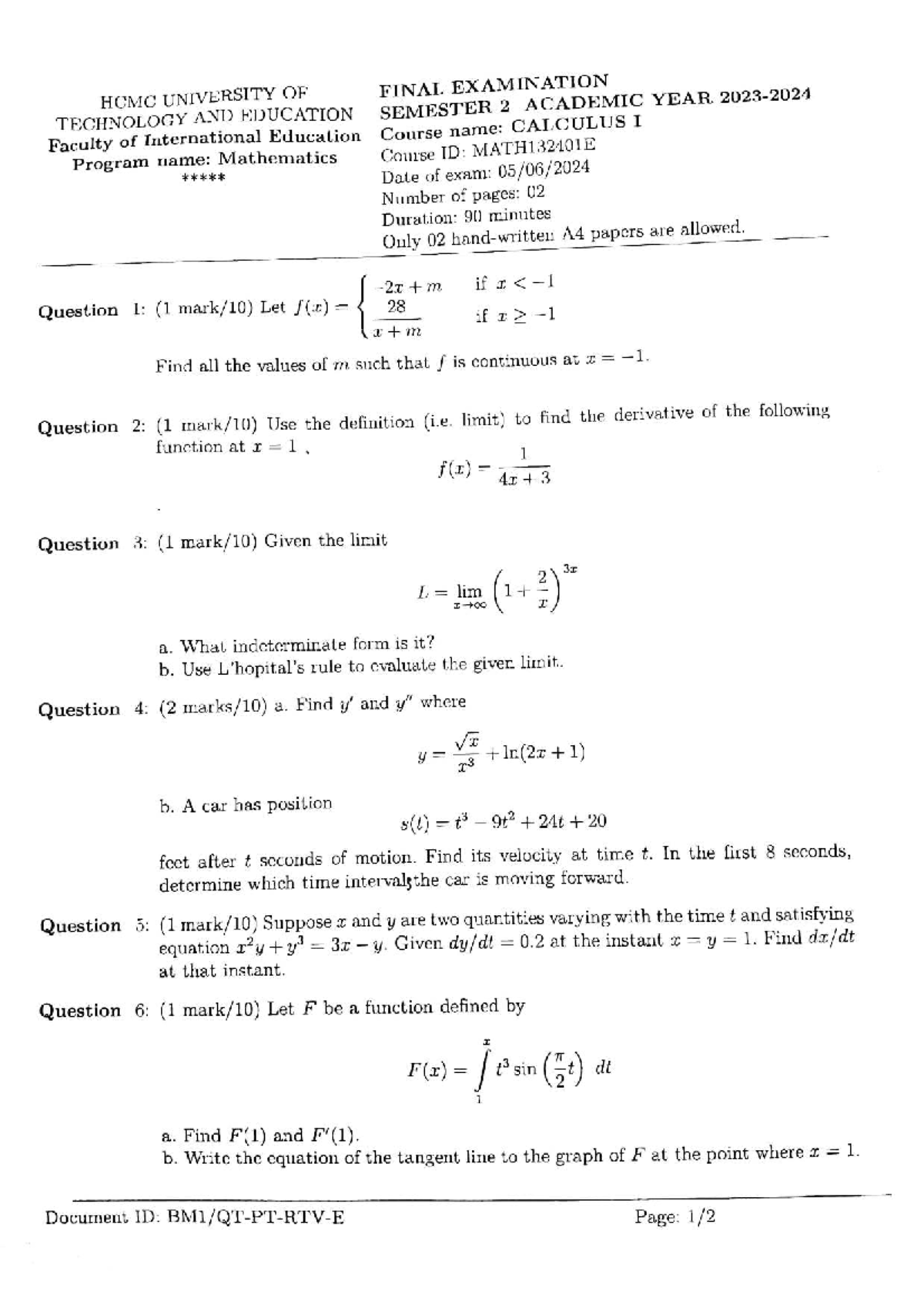 MATH132401E Final Exam: Calculus I Semester 2 (2023-24) - Studocu