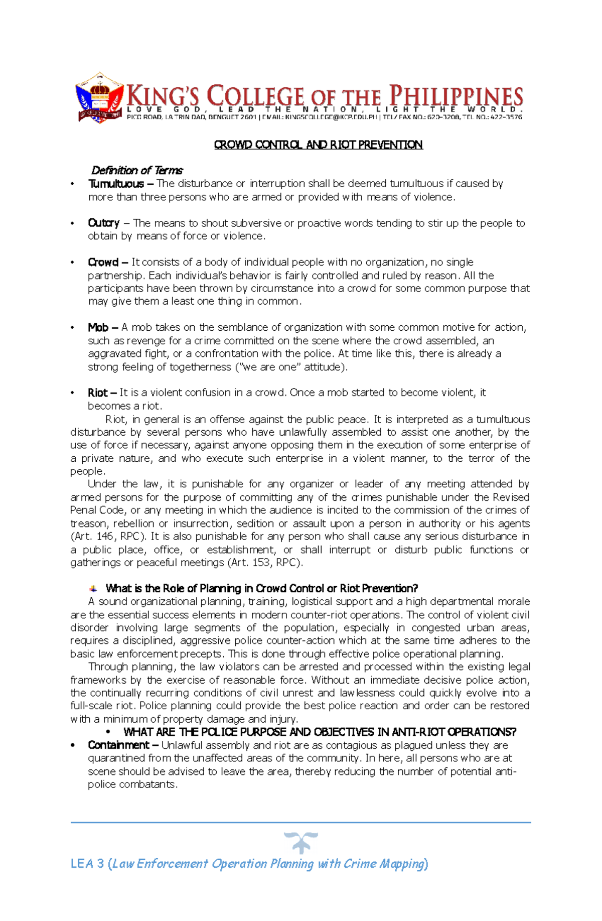 Final Exam Notes on CROWD CONTROL & RIOT PREVENTION - Studocu