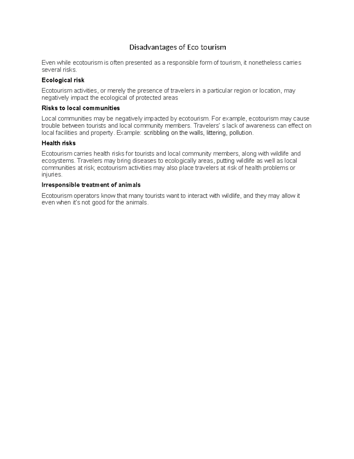 Disadvantages of Eco-Tourism: Risks to Ecology & Communities - Studocu