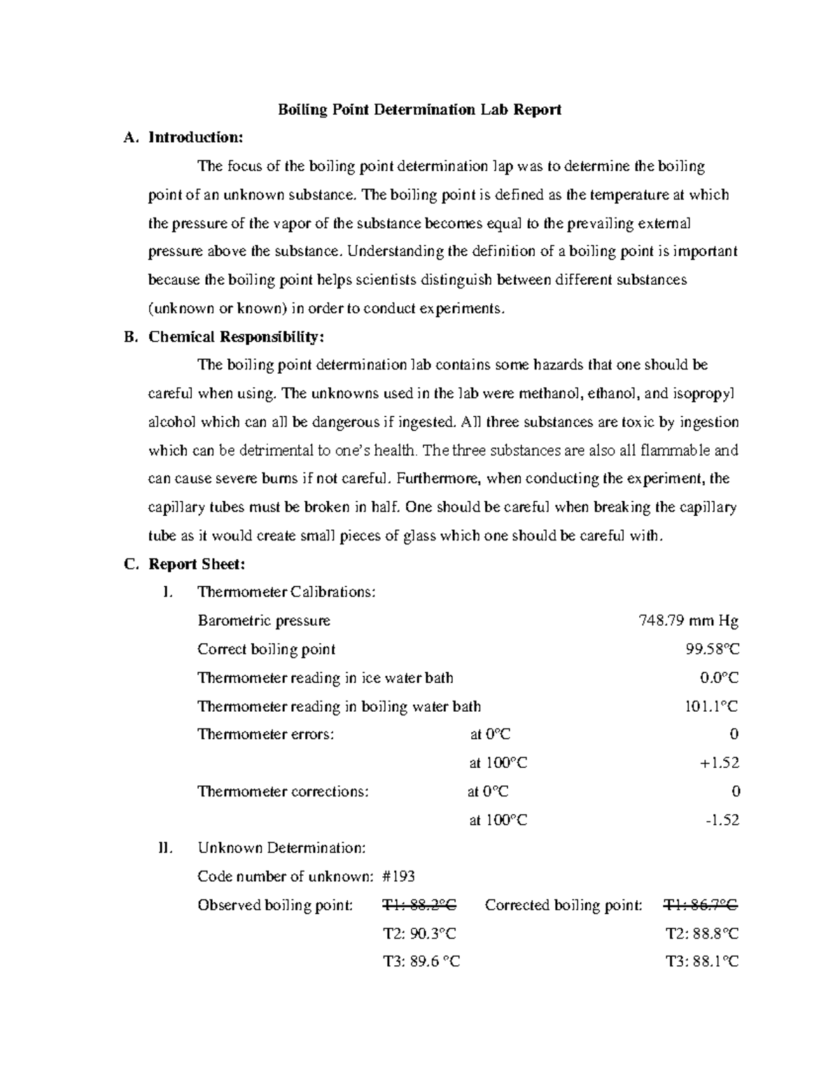 Boiling Point Determination Lab Report - Chem 101 Final Lab Analysis ...
