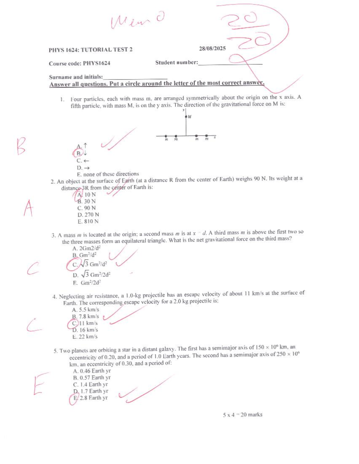 PHYS 1624: Tutorial Test 2 - Gravitational Forces & Motion - Studocu