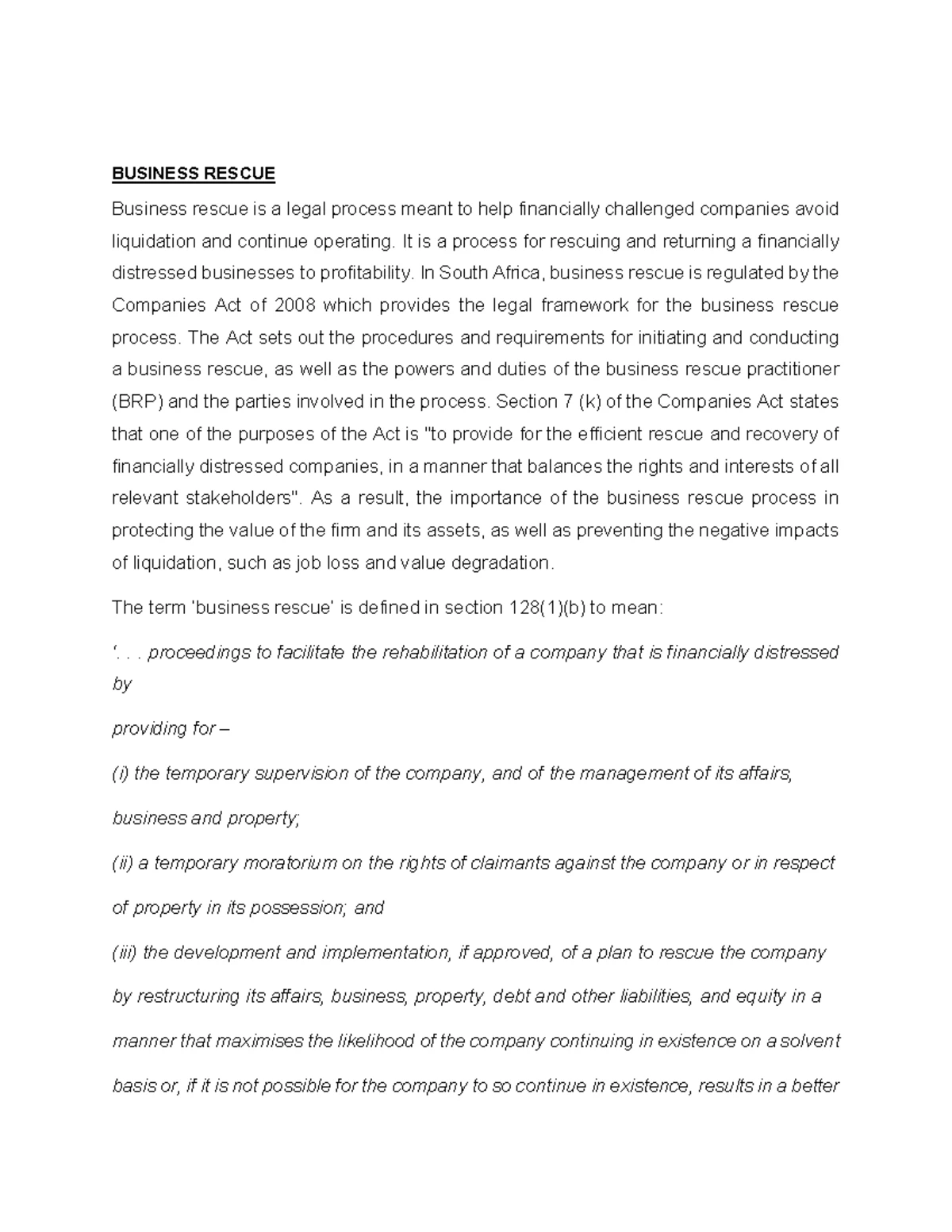 Business rescue notes (Chapter 6 summary) - OVERVIEW OF CHAPTER 6 OF ...