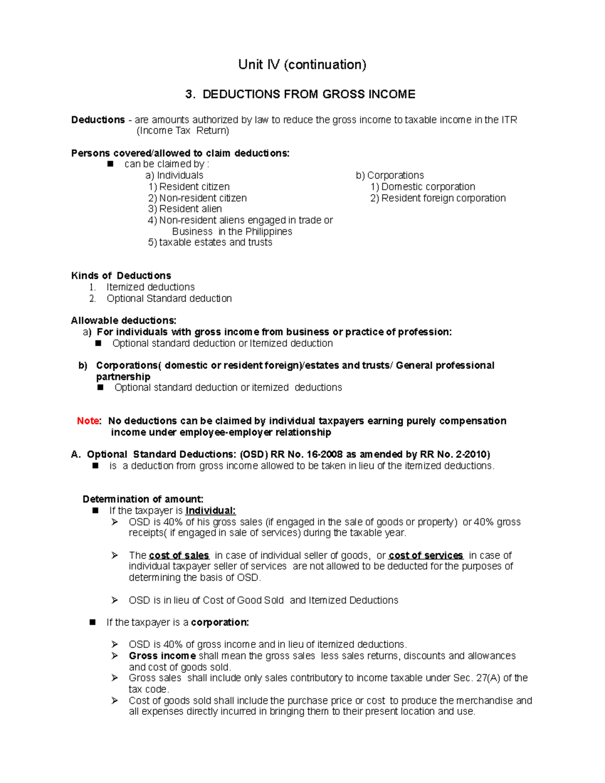 Unit III: Comprehensive Guide to Deductions from Gross Income - Studocu
