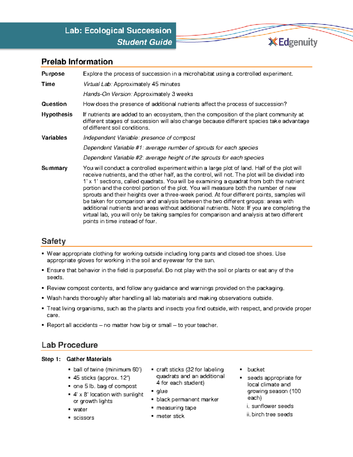 Lab: Ecological Succession Experiment Guide (Course Code: 10272-02-07 ...