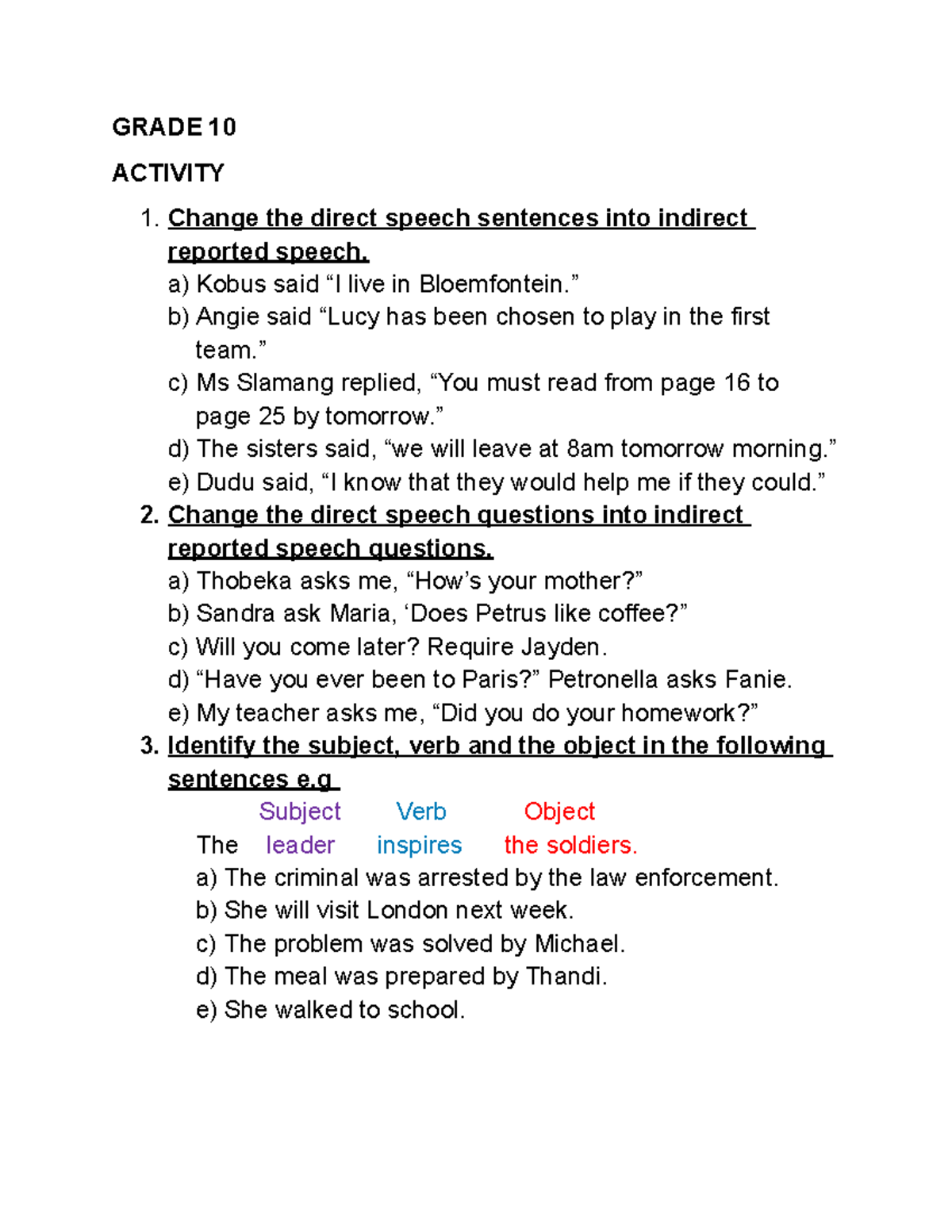 Grade 10 Direct and Indirect Speech Activity 1 - Studocu