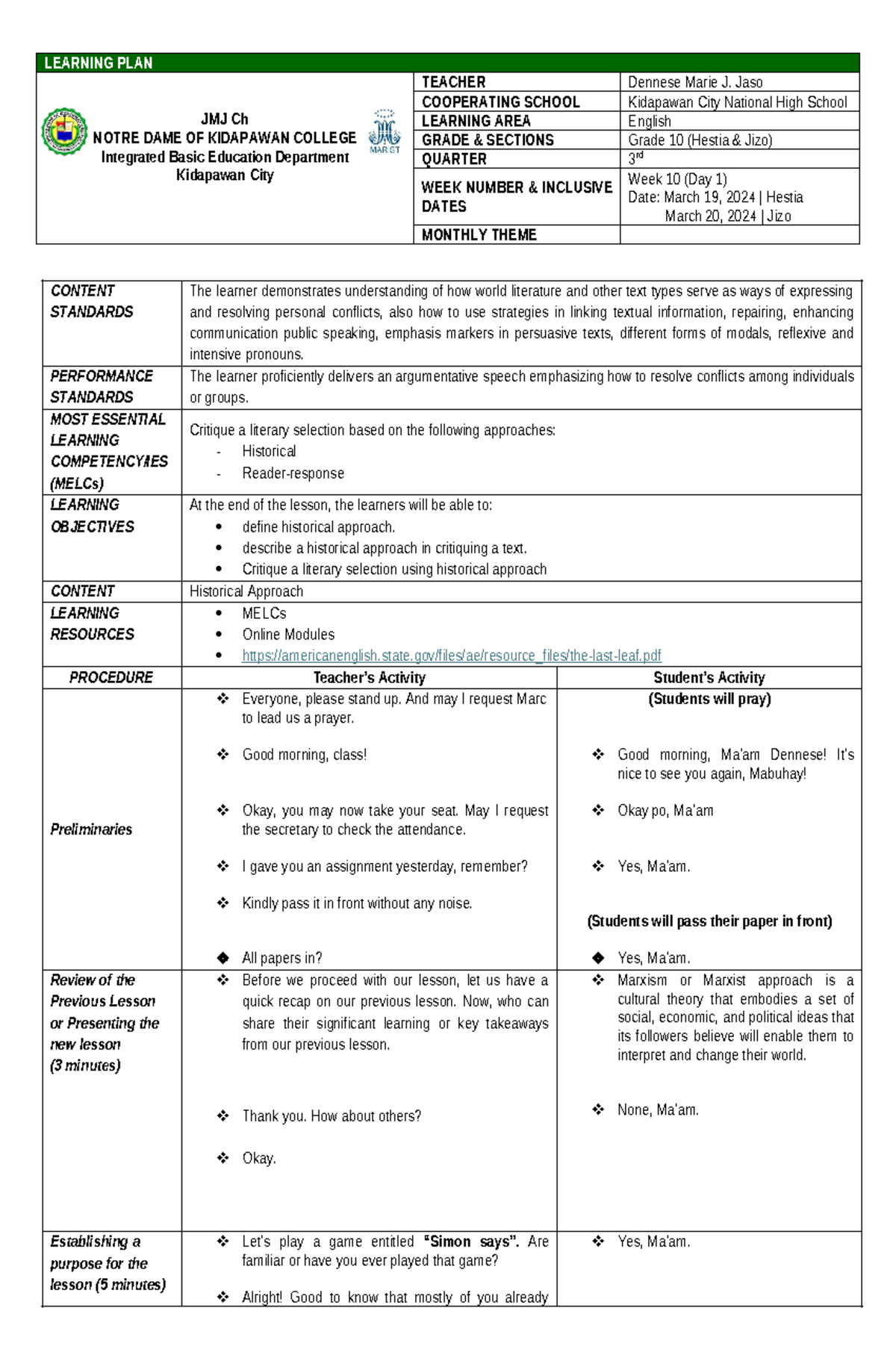 Historical Approach - Lesson Plan for English 10 - Studocu