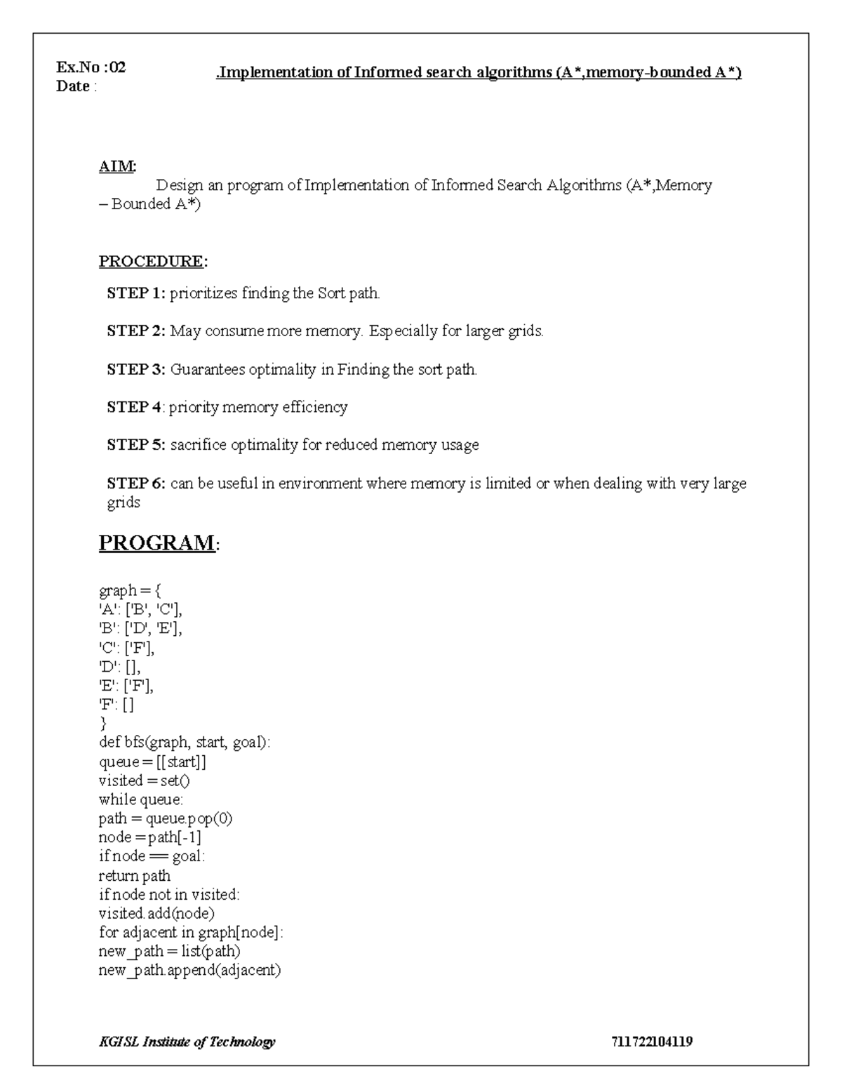 AIML Implementation of Informed Search Algorithms (A*, MB A*) - Studocu