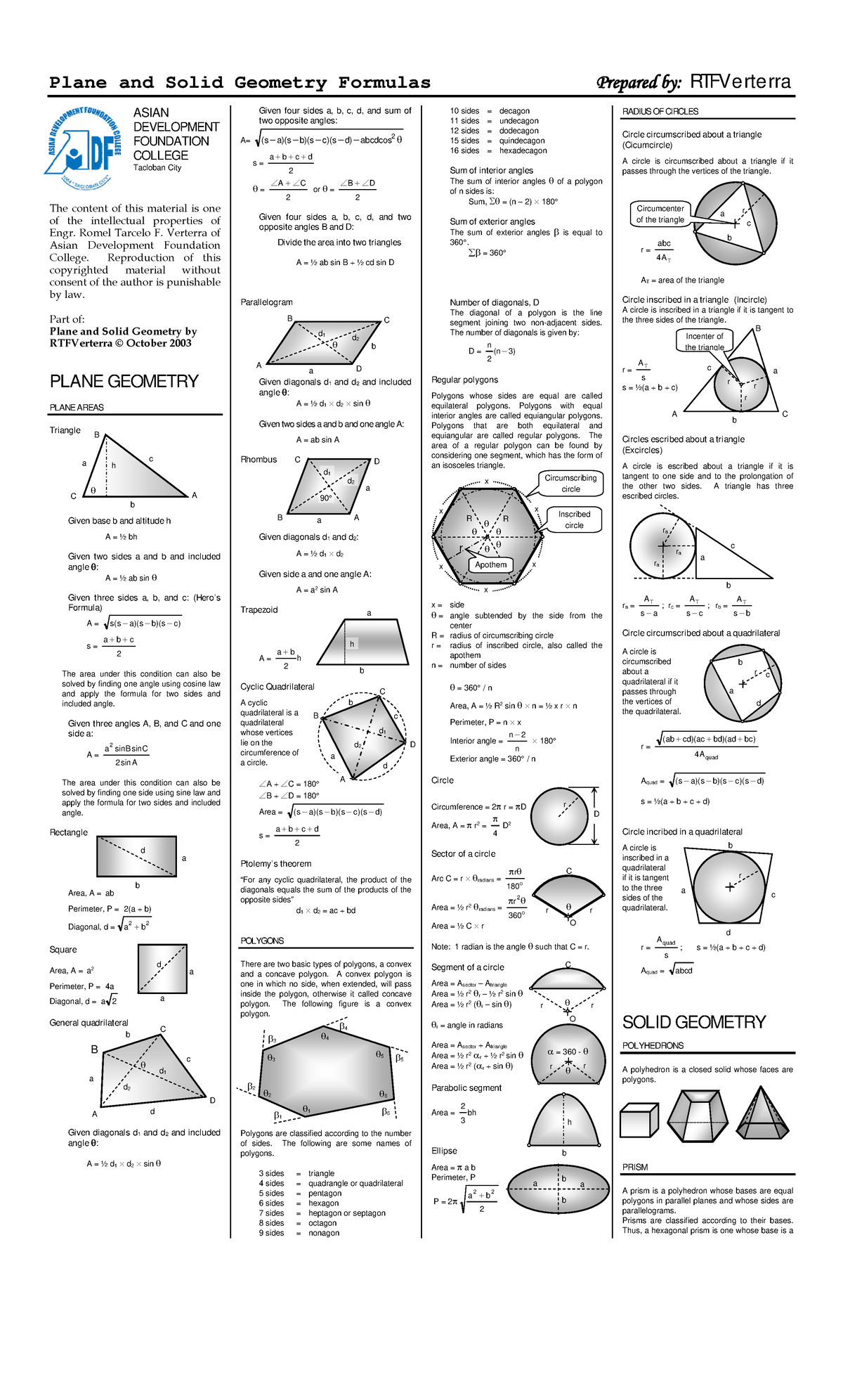 Formula Charts - Plane and Solid Geometry Formulas Prepared by: RTFV e ...
