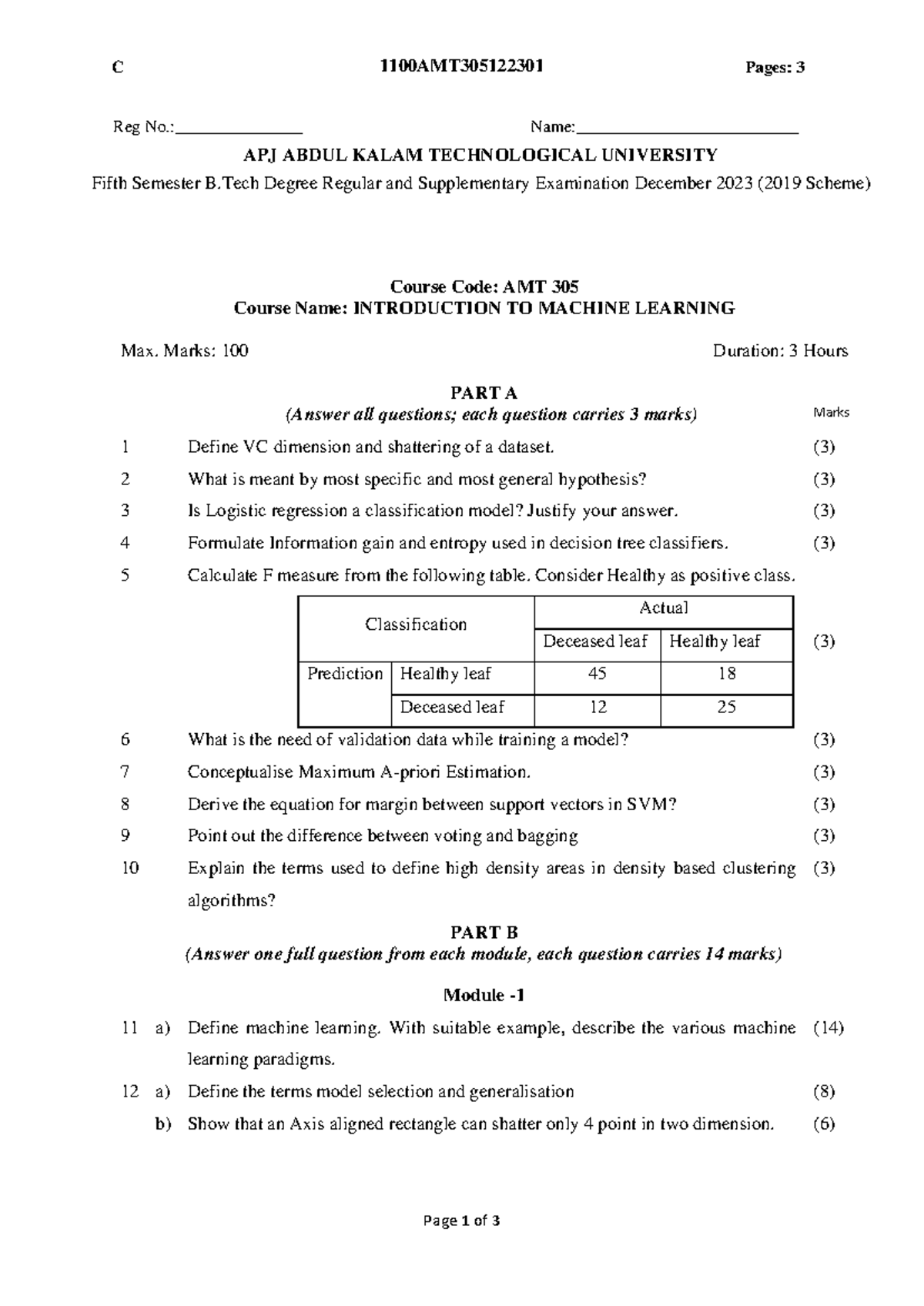 1100AMT305 Dec 2023 - B.Tech Machine Learning Exam Question Paper - Studocu