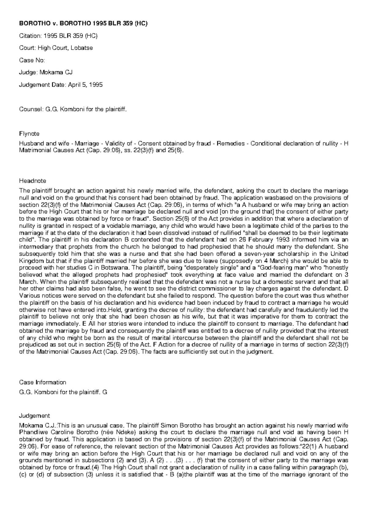Case Study: Borotho v Borotho - Marriage Nullity Due to Fraud (1995 ...