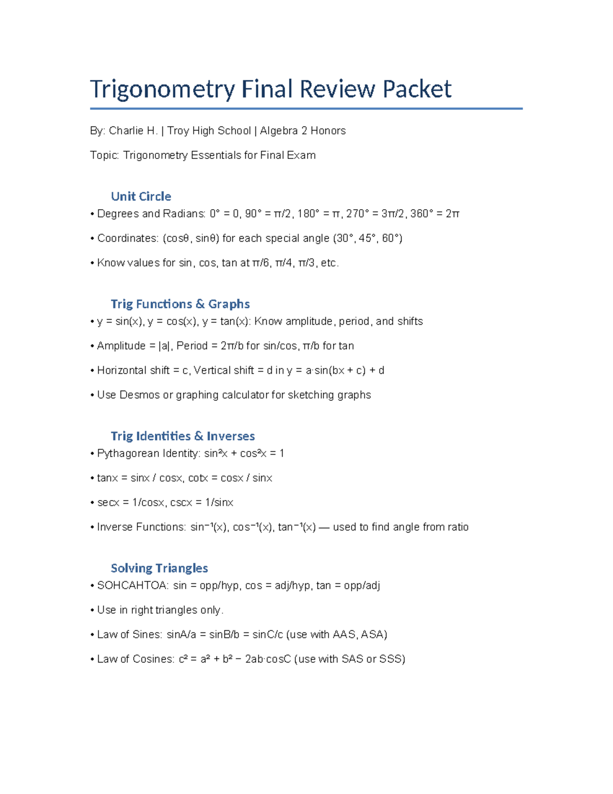 Trigonometry Final Exam Review Packet: Key Concepts & Graphs - Studocu