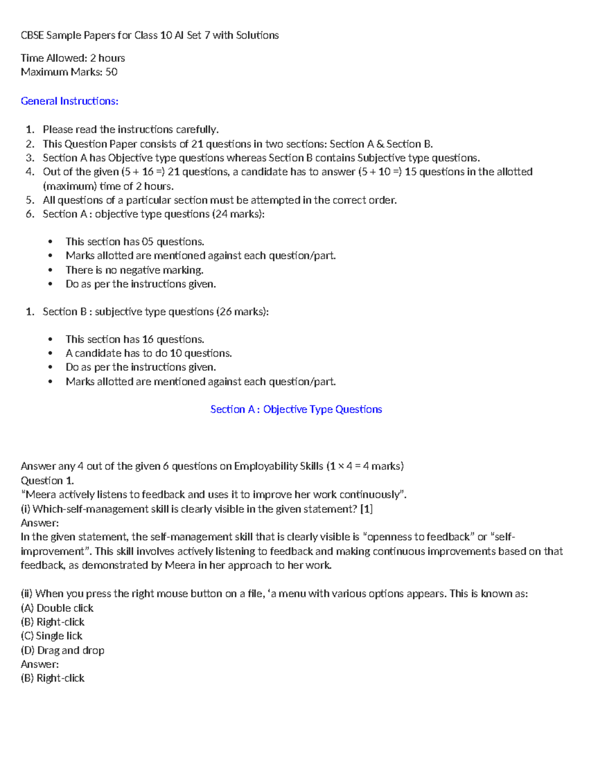 SET 7 CBSE Class 10 AI Sample Paper with Solutions and Instructions ...