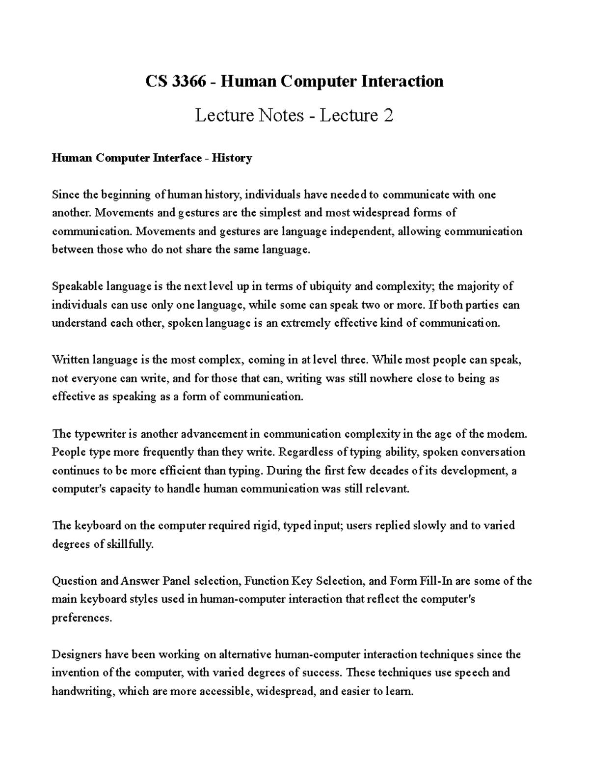 CS 3366 Lecture Notes 2 - CS 3366 - Human Computer Interaction Lecture ...
