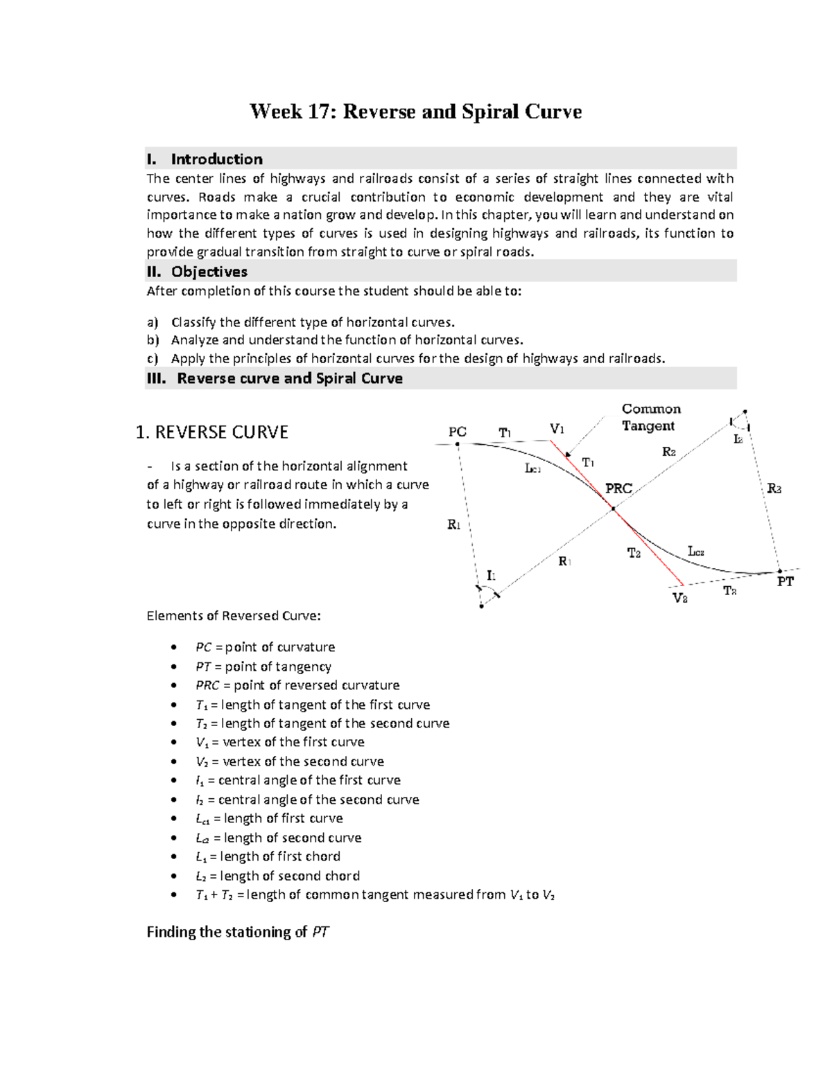 Week 17 Lecture Notes: Understanding Reverse and Spiral Curves - Studocu