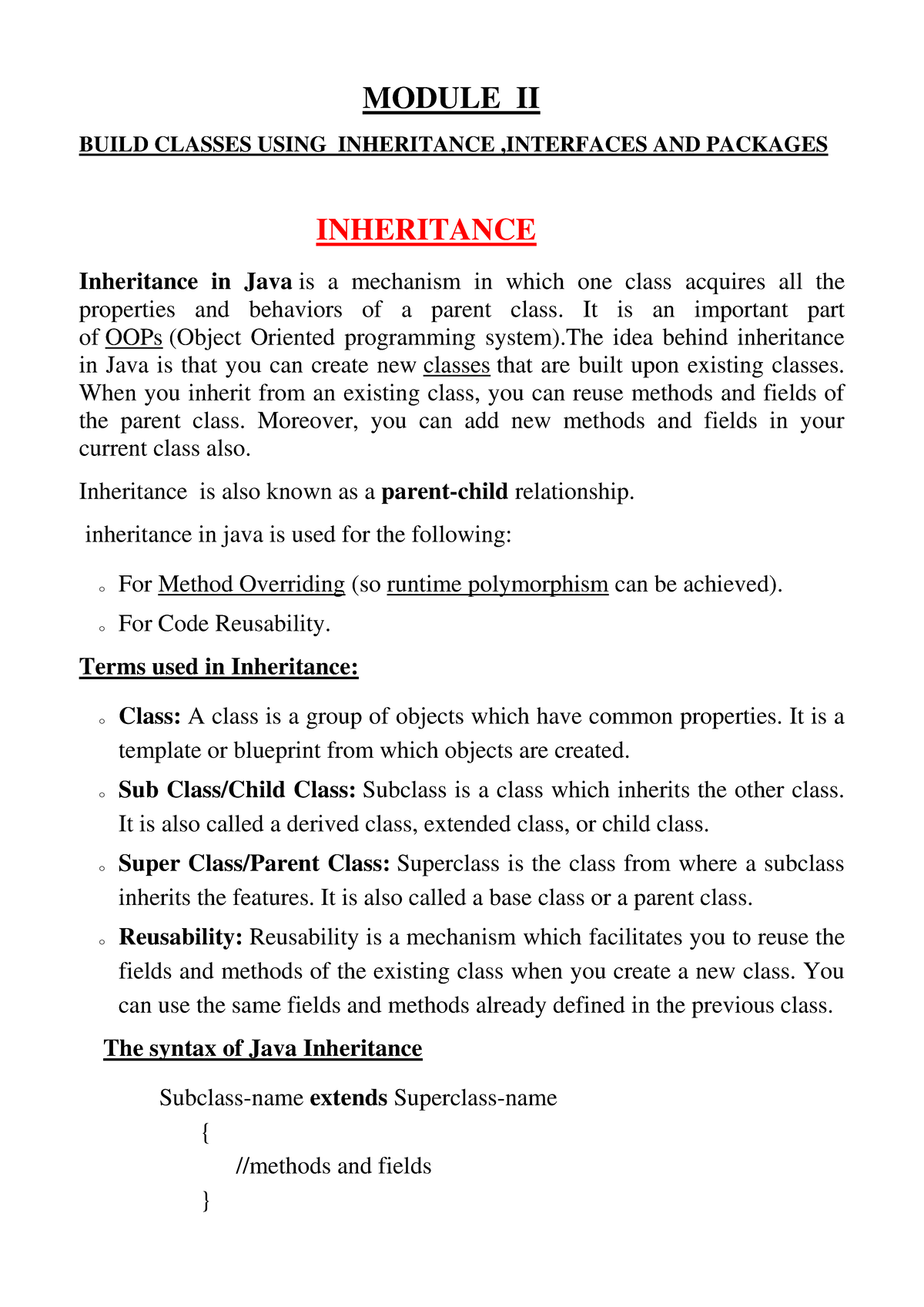OOPS Module 2: Inheritance, Interfaces, and Packages Overview - Studocu