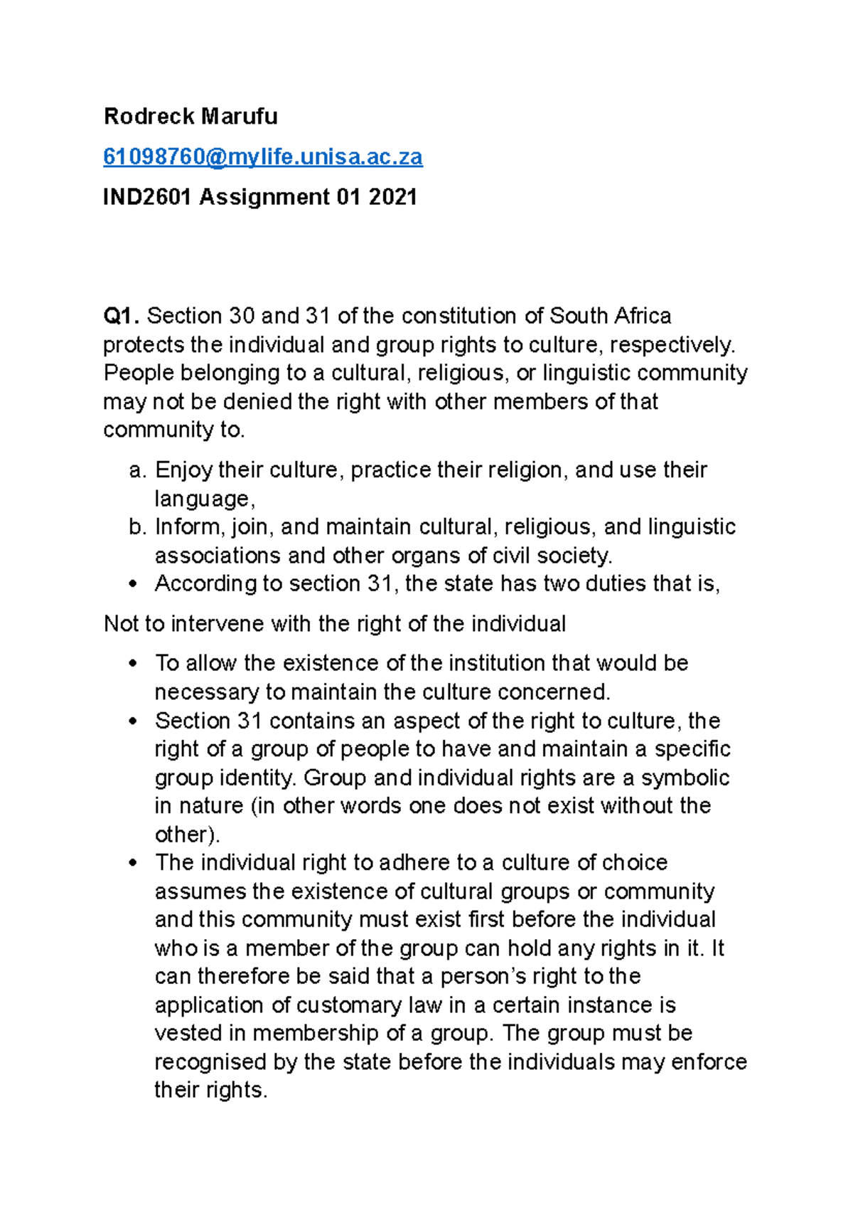 IND2601 Assignment 01 2021 - Rodreck Marufu 61098760@mylife.unisa.ac IND2601 Assignment 01 2021 ...