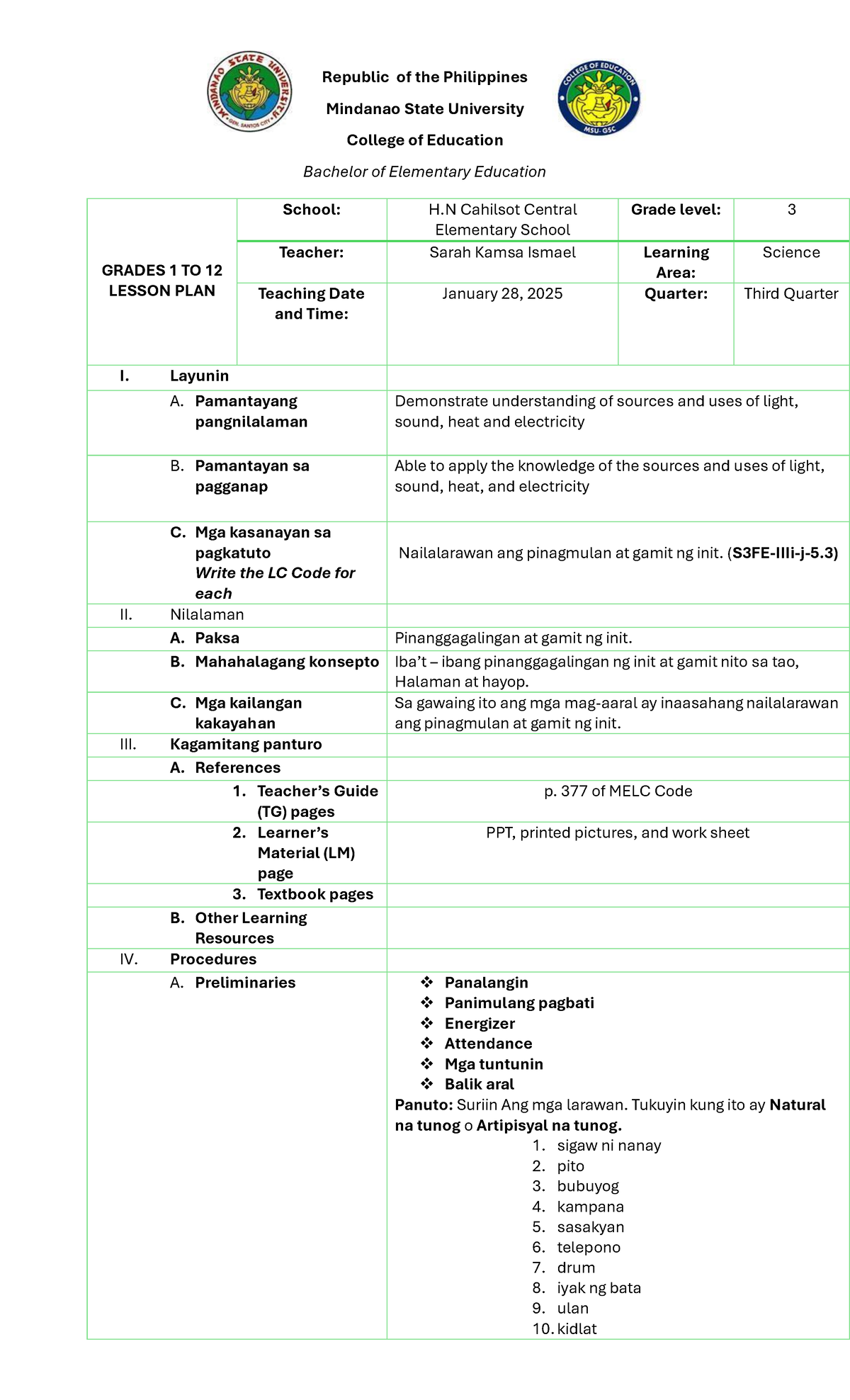 Science 3 Tuesday - Grade 3 Lesson plan - Republic of the Philippines ...