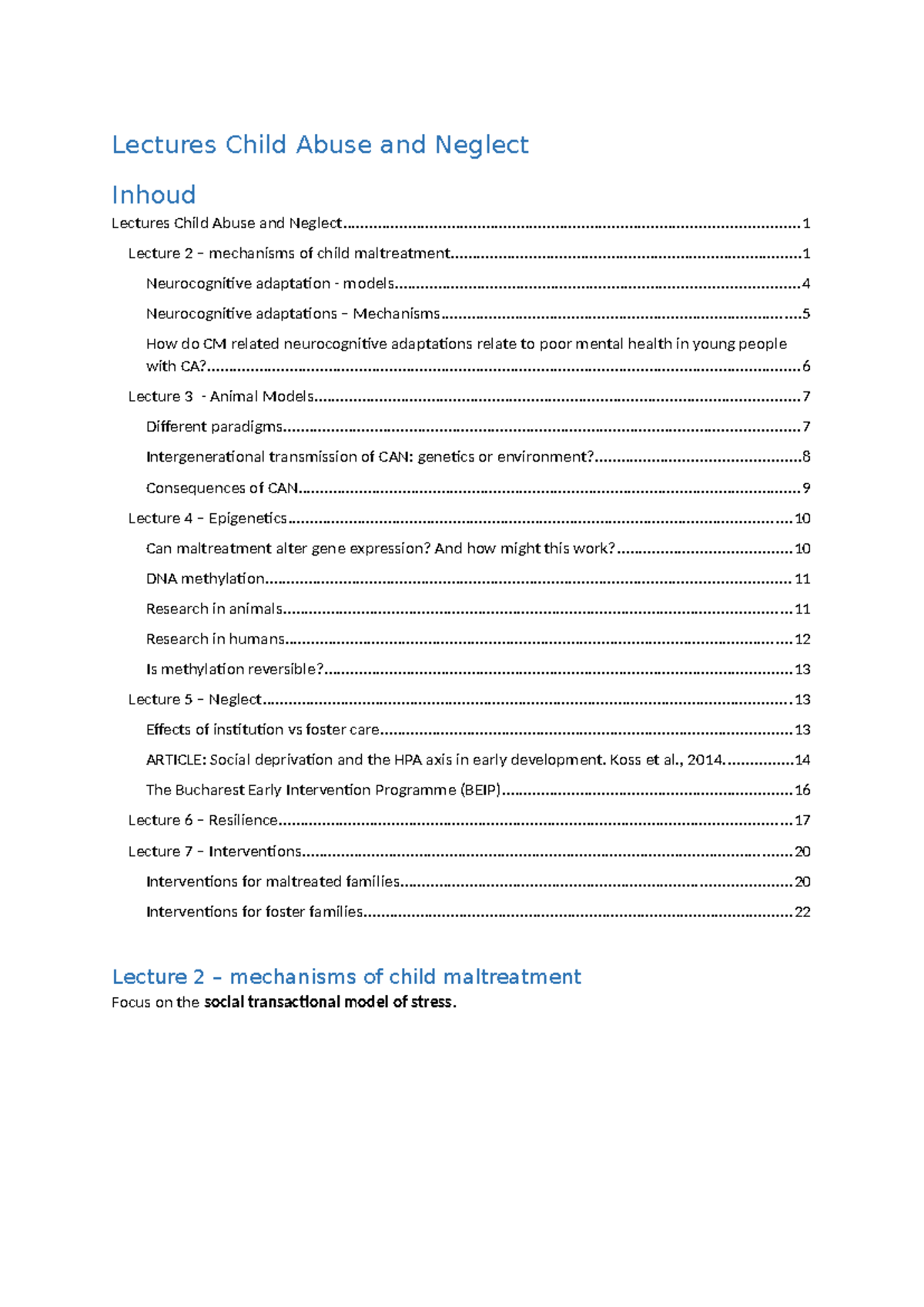 Lecture Notes on CHAB 101: Child Abuse and Neglect Mechanisms - Studeersnel