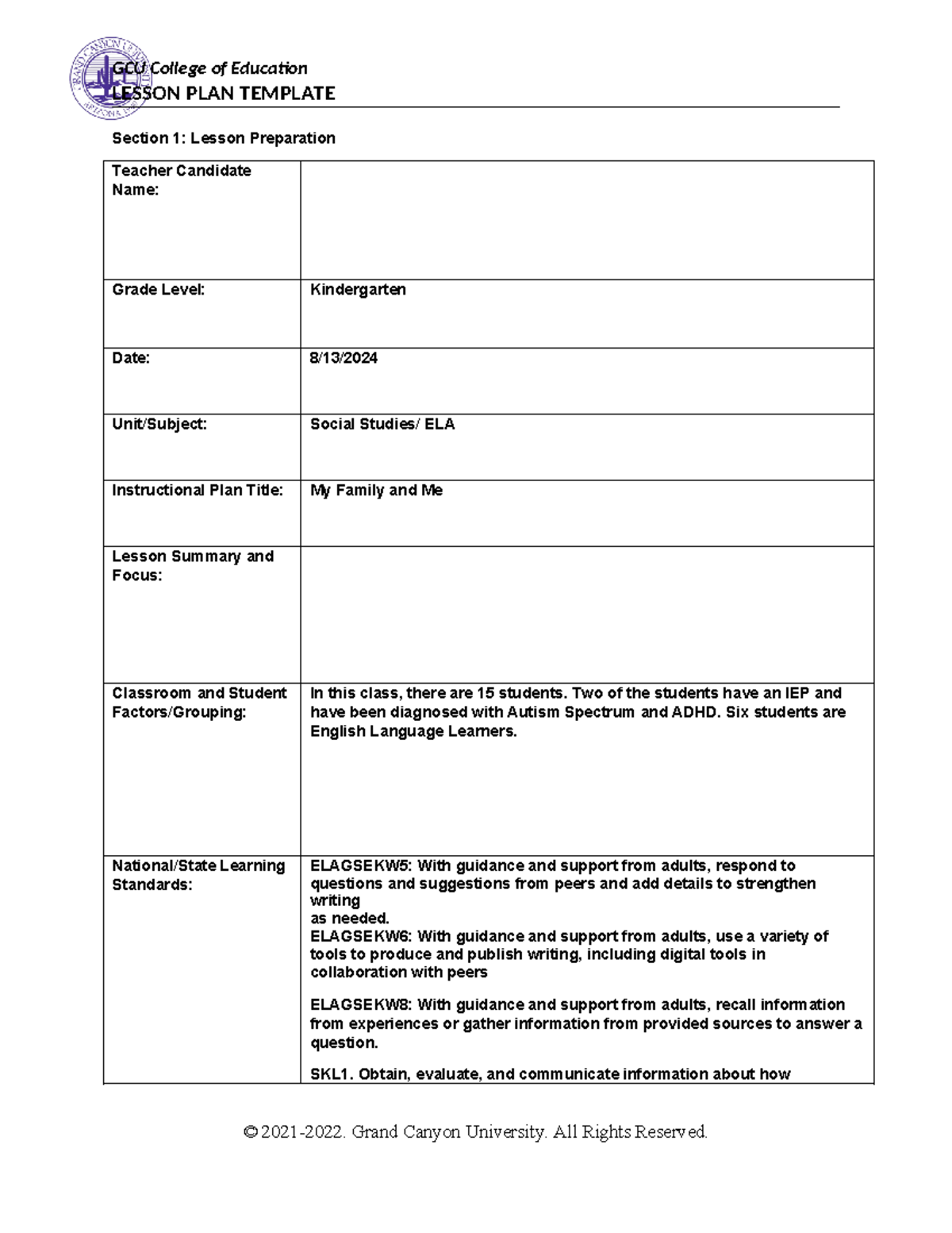 Lesson plan ece 460 - LESSON PLAN TEMPLATE Section 1: Lesson ...