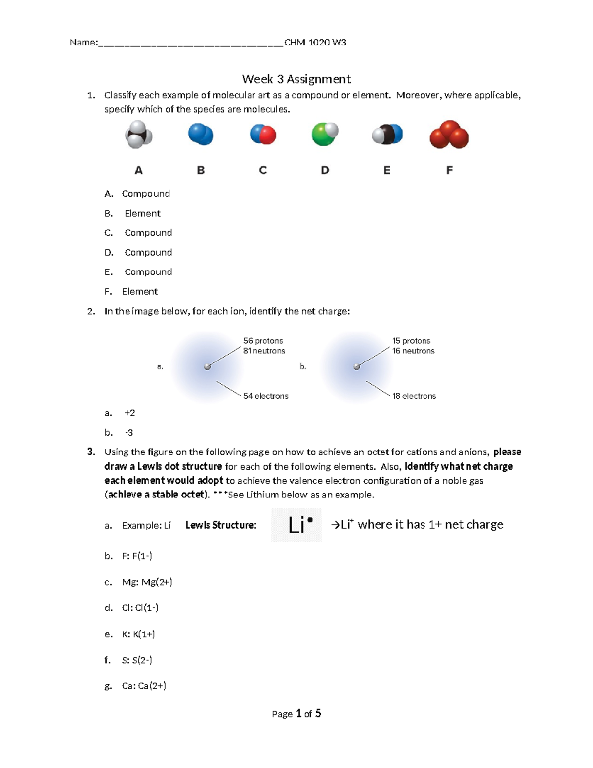 W3 CHM 1010 Lab Assignment: Classification & Ionic Compounds - Studocu