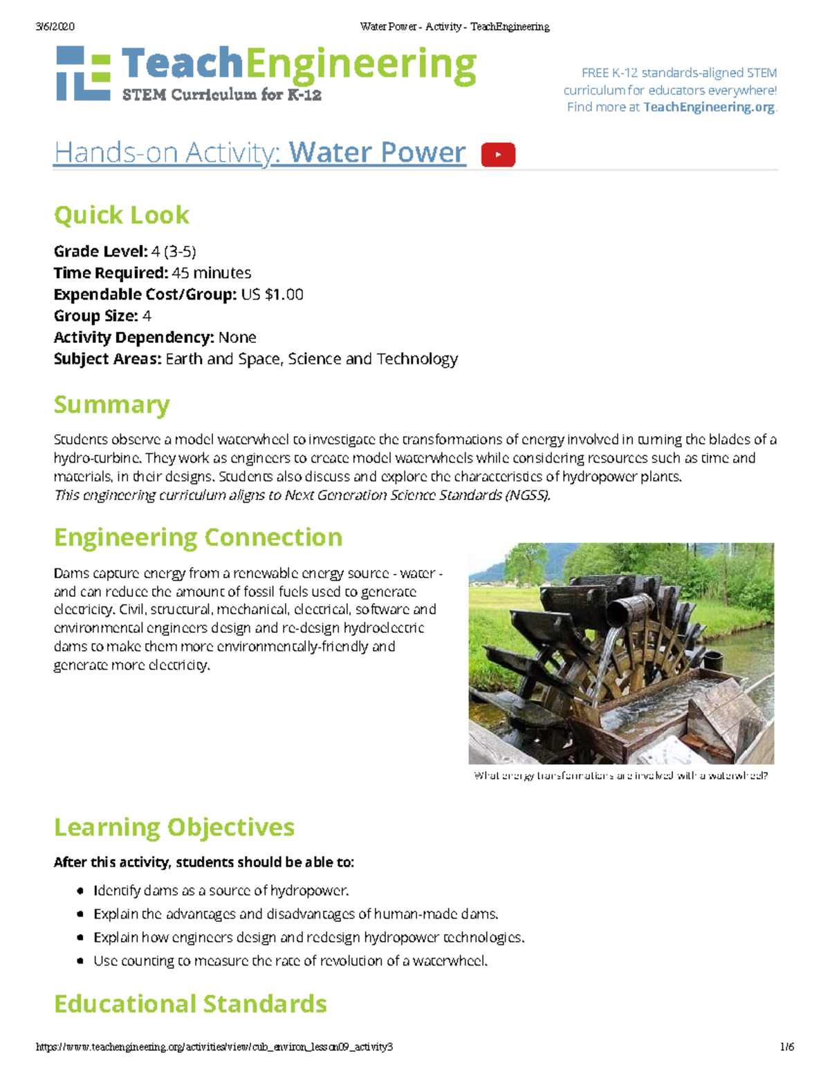 Hydro Power Build a Waterwheel Lesson Plan - FREE K-12 standards-aligned STEM curriculum for ...