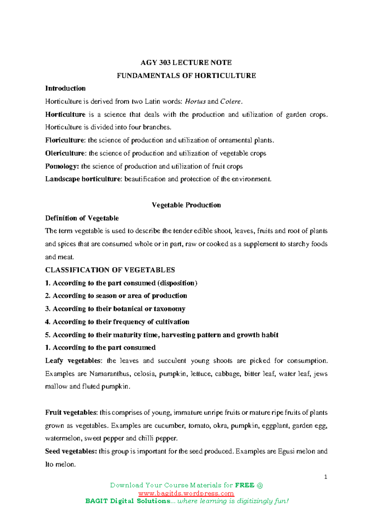 AGY 303 Lecture Notes: Fundamentals of Horticulture and Vegetable ...