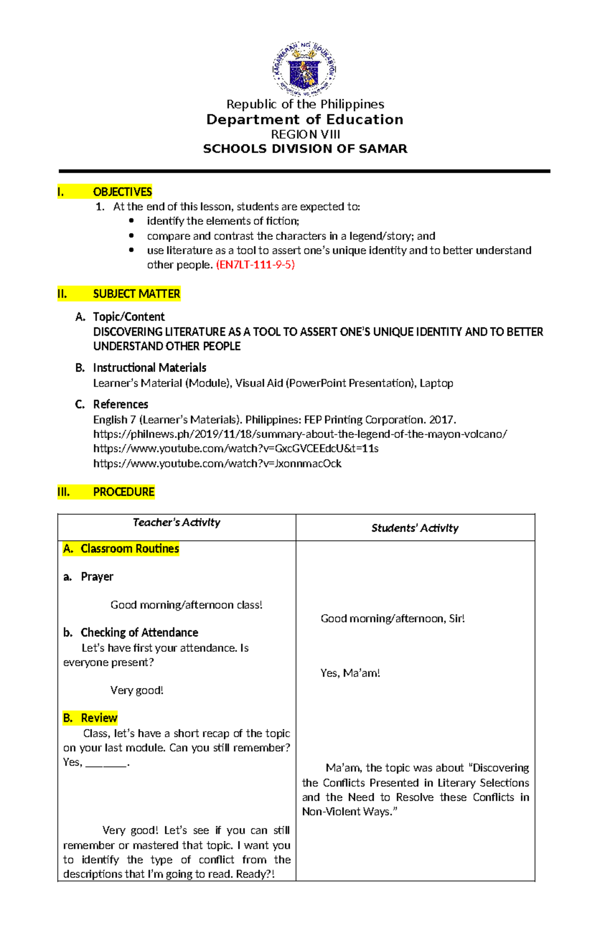 DLP-G7 - detailed lesson plan for grade 7 - Republic of the Philippines ...