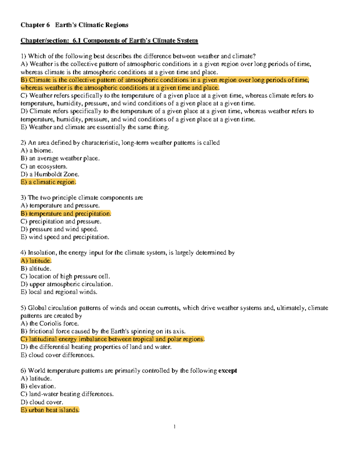 PG Online - Ch 6 - Quiz Questions - Chapter 6 Earth's Climatic Regions ...