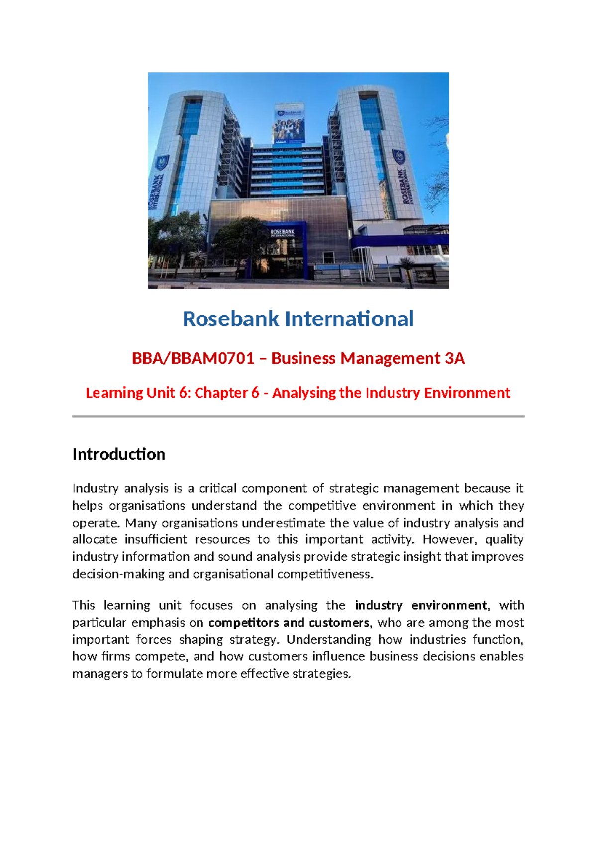 Rosebank Int. Business Mgmt 3A: LU6 Ch. 6 Industry Environment Analysis ...