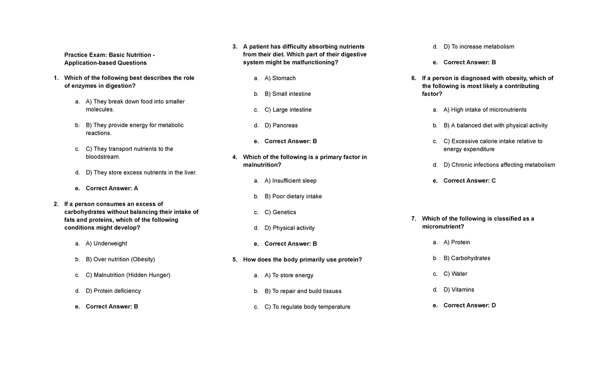 Practice Exam: Basic Nutrition - Application-Based Questions - Studocu