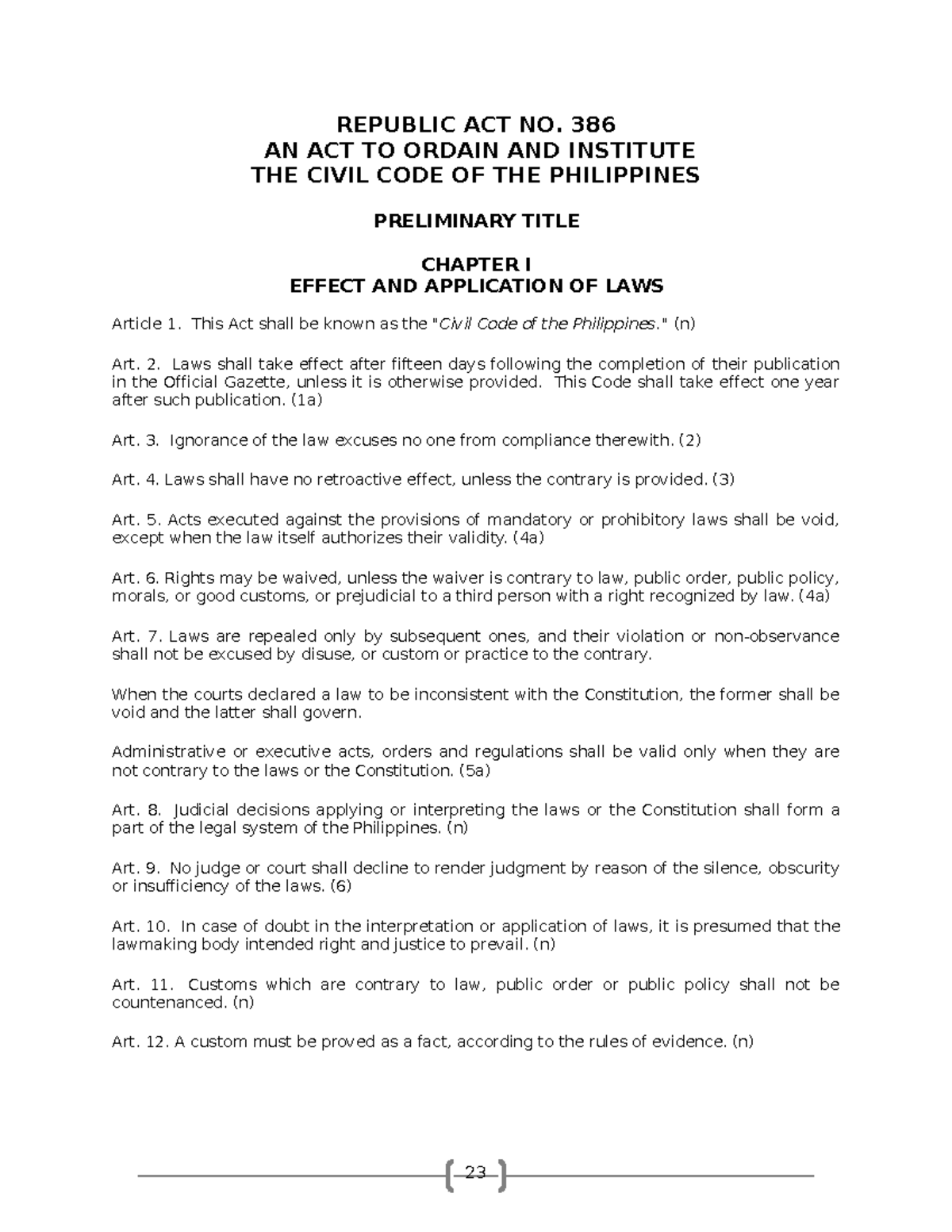 Civil Code of the Philippines (Codal) - 23 REPUBLIC ACT NO. 386 AN ACT ...