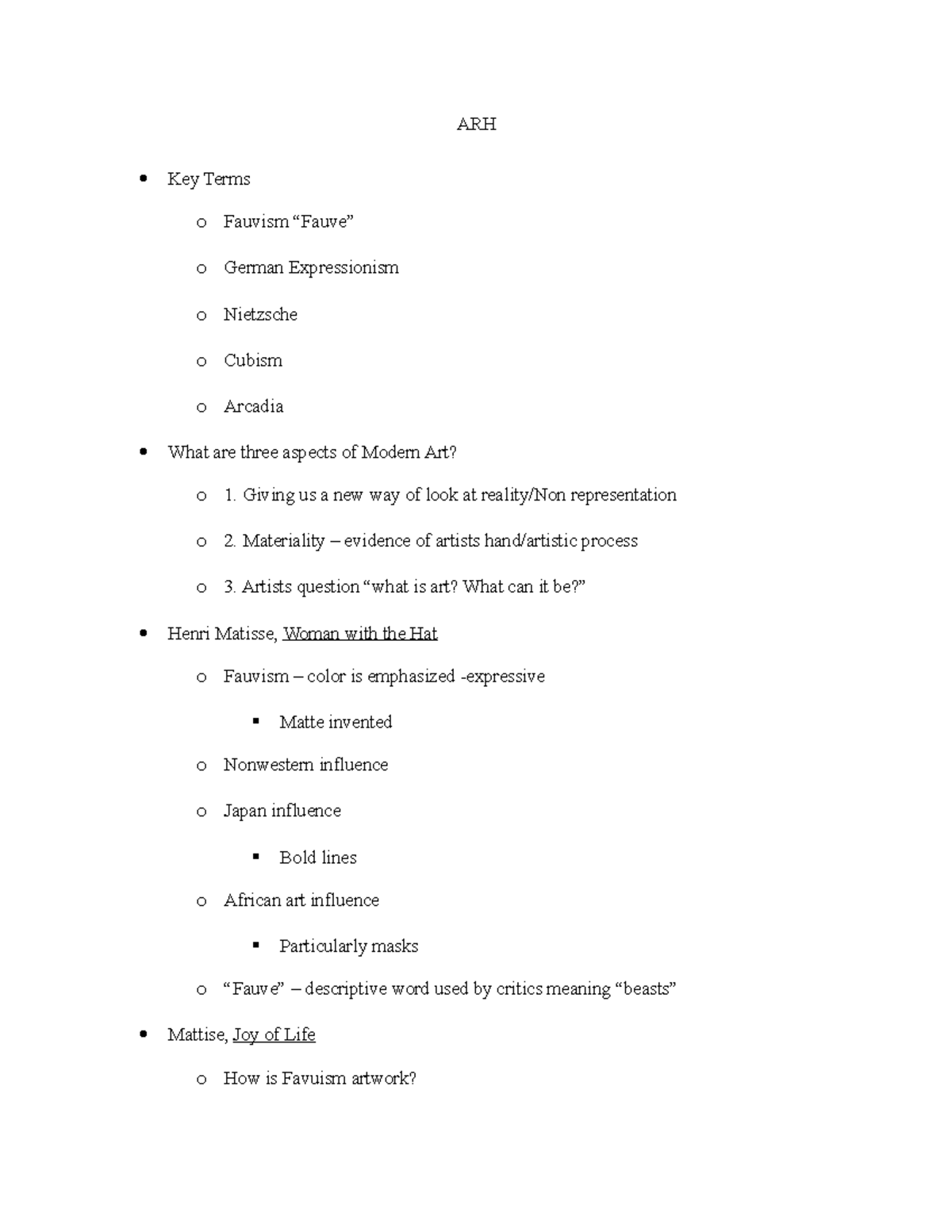 ARH 4-19-18 - ARH 391 notes - ARH Key Terms o Fauvism o German ...