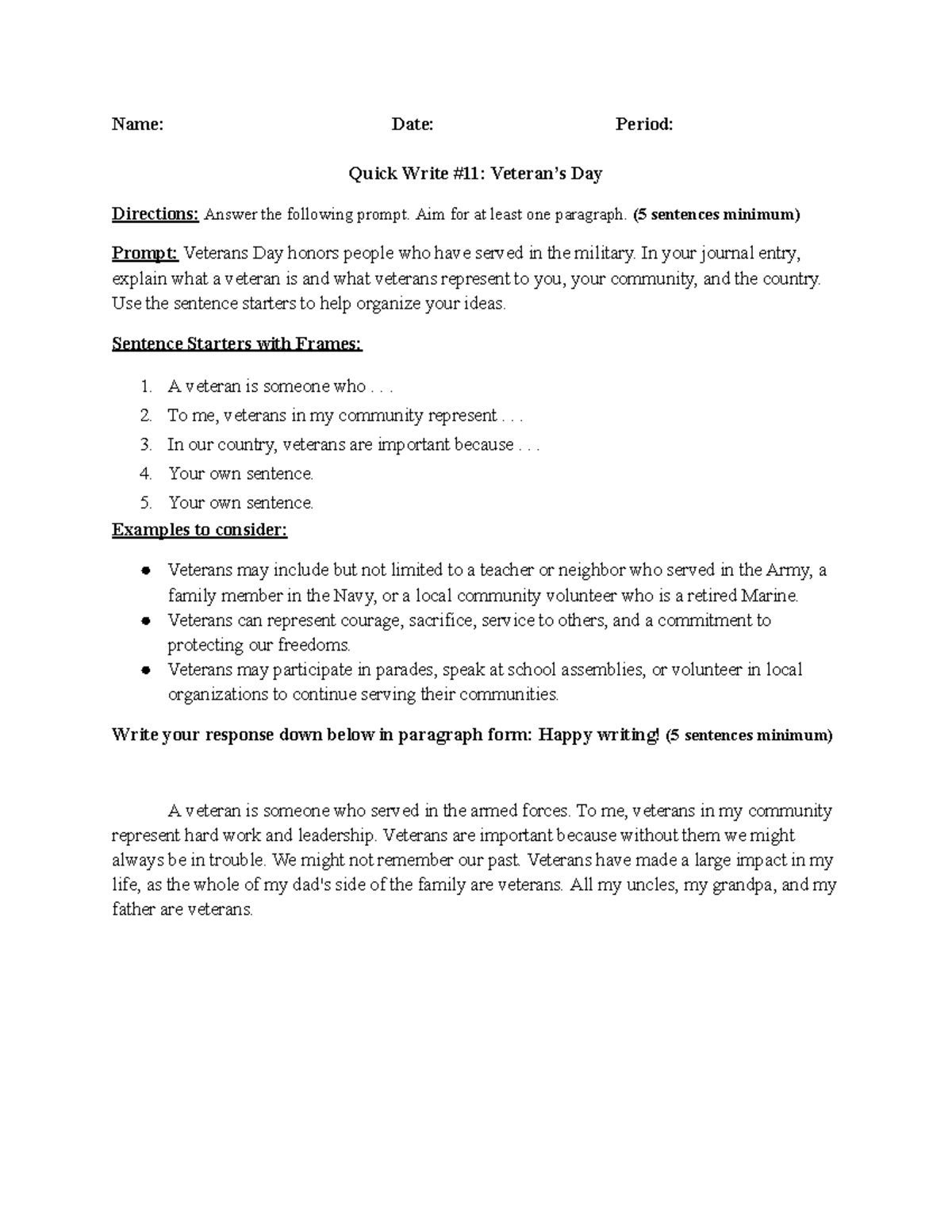 Fall 2025 Quick Write #11: Reflections on Veterans Day - Studocu