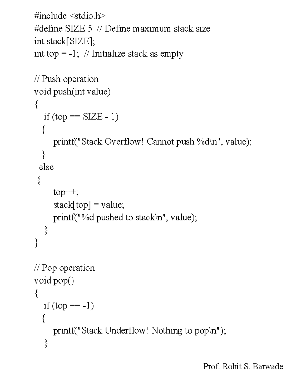 Stack Using Array C Program - Prof. Rohit S. Barwade - Studocu