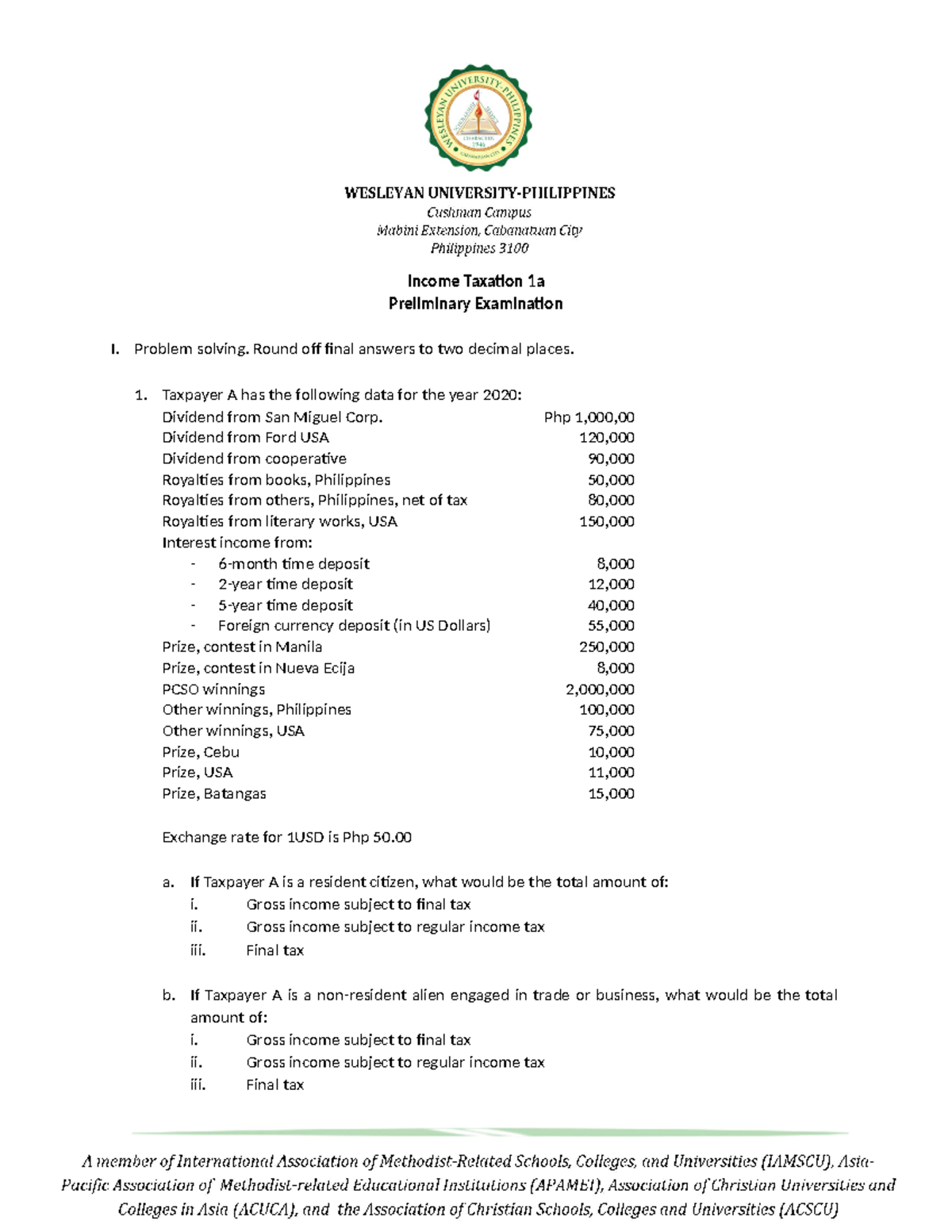 Preliminary Exam in Income Taxation 1A: Problem Solving & MCQs - Studocu